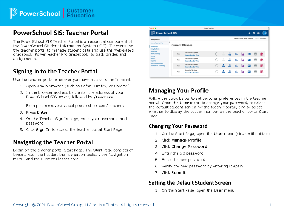 Power School SIS Teacher Portal Quick Reference Card - The PowerSchool ...