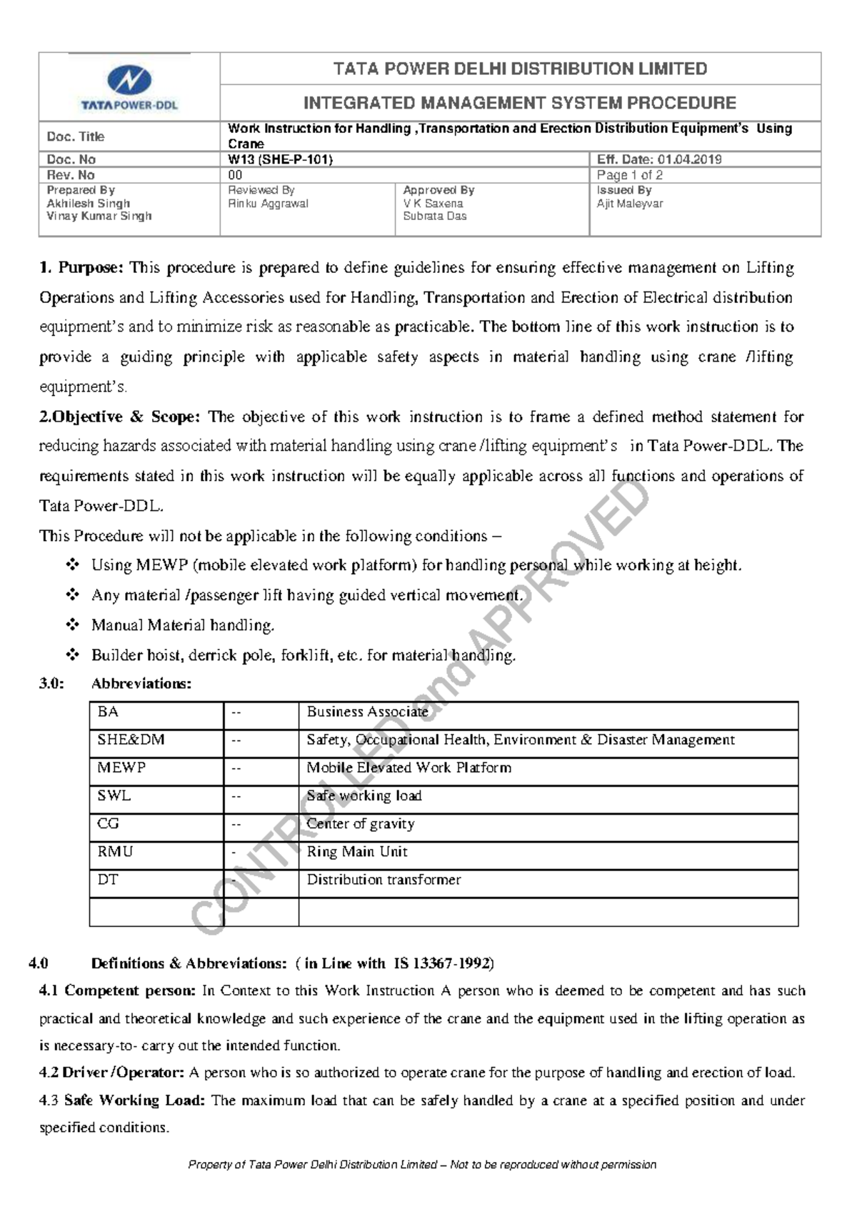 Work Instruction for Material Handling through Crane - TATA POWER DELHI ...
