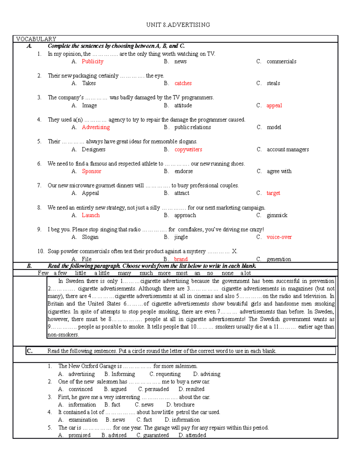 UNIT 8.MLeader Ele.Practice - UNIT 8 VOCABULARY A the sentences by ...