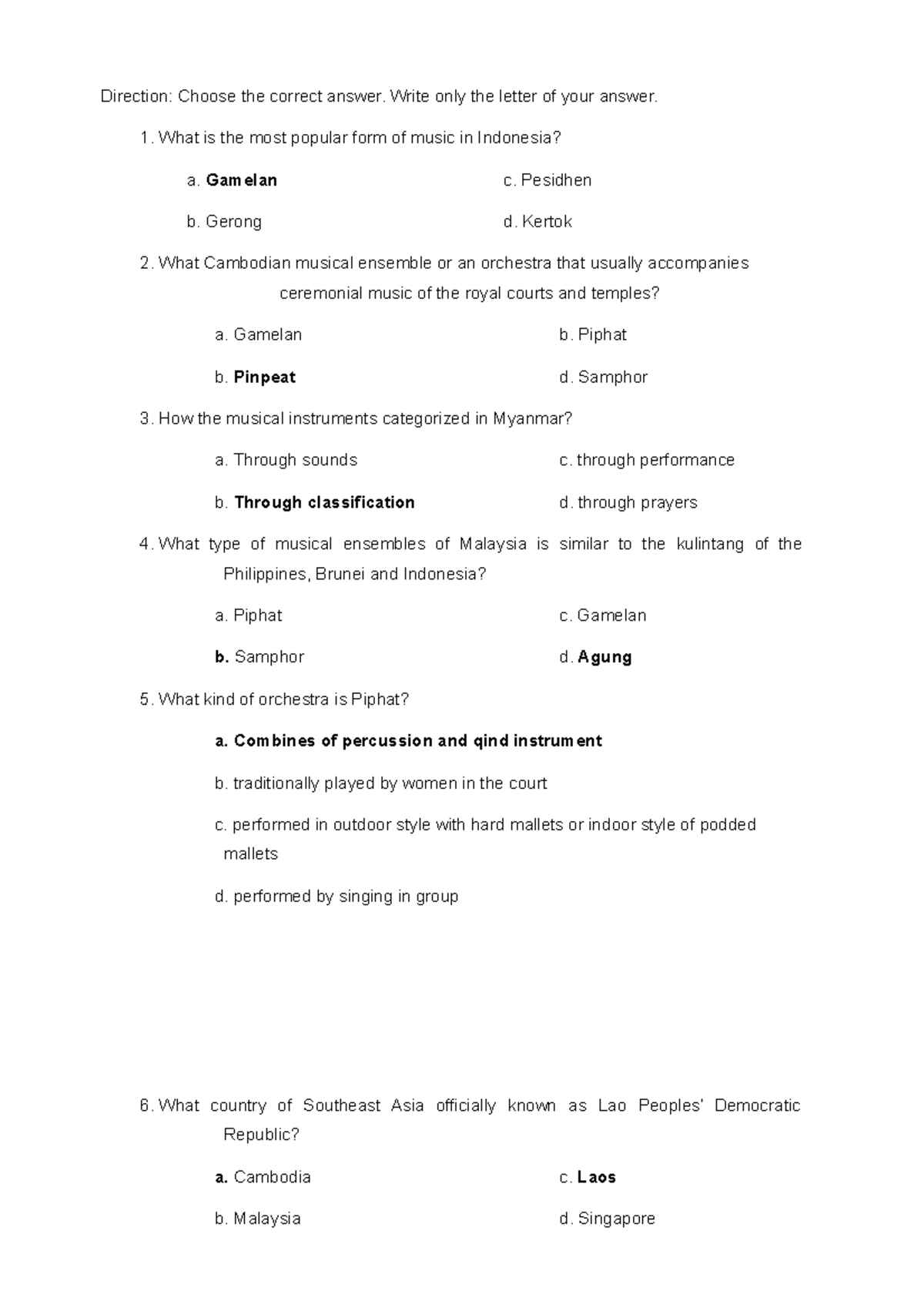 Mapeh 8 Assessment TEST Direction Choose The Correct Answer Write