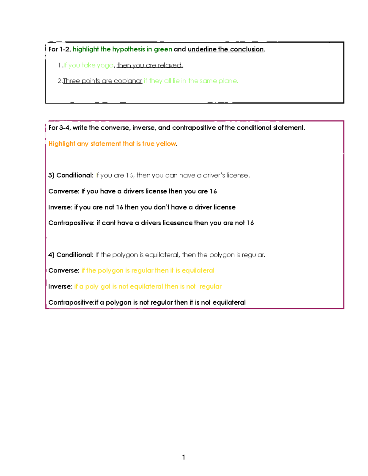 2.2 Conditional Statements - For 1-2, highlight the hypothesis in green and underline the - Studocu
