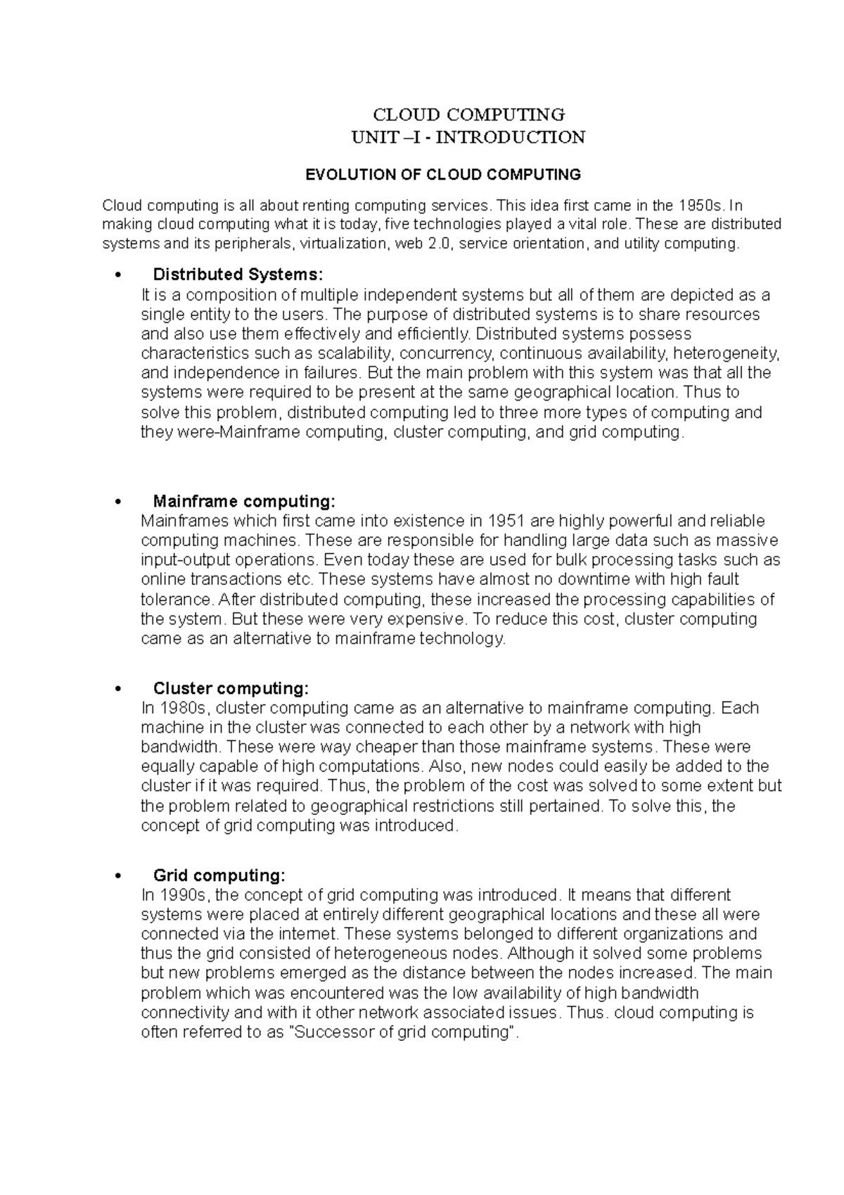 Unit1 Notes Notes For Cc Cloud Computing Unit I Introduction Evolution Of Cloud Computing