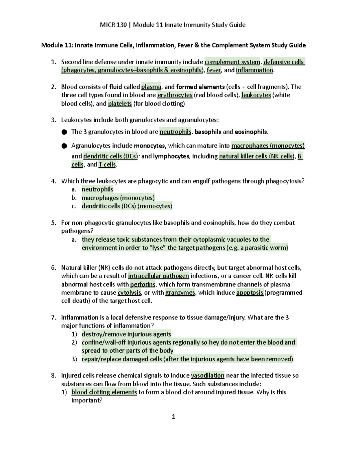 Module 11 Phagocyte, Fever, Inflammation, and Complement System Study guide - MICR 130 | Module ...