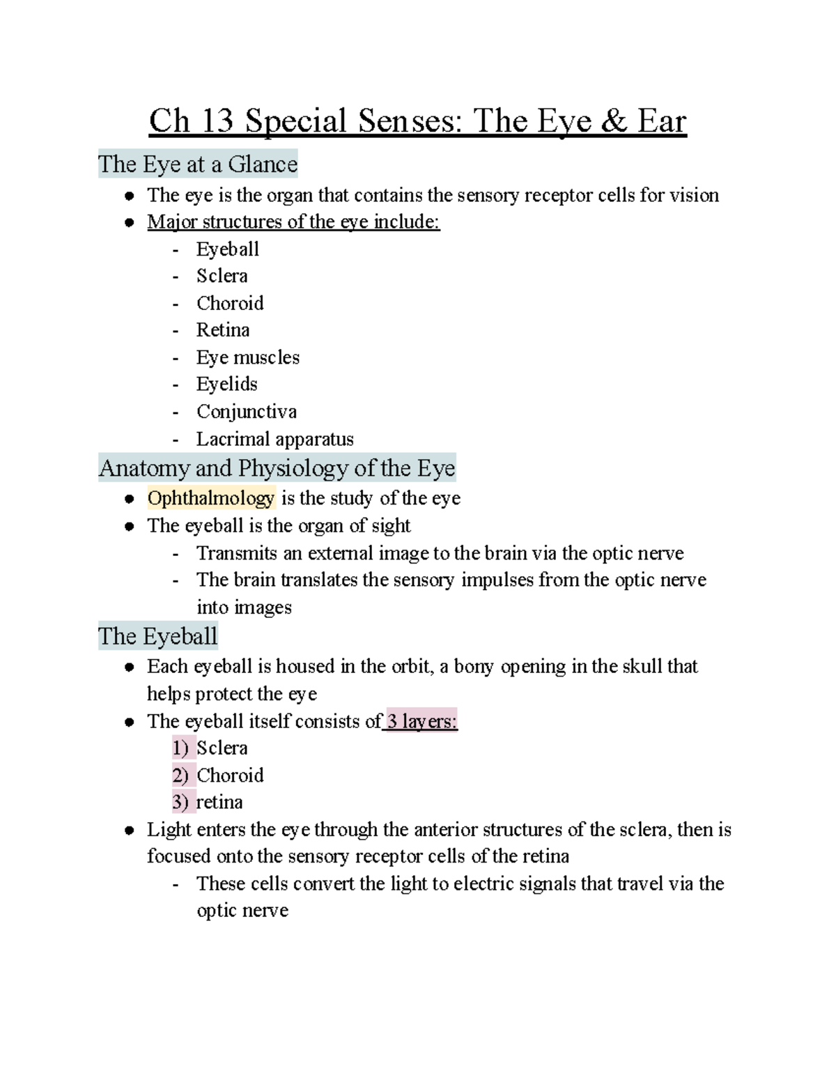 Medical Terminology Ch13 Lecture Notes - Ch 13 Special Senses: The Eye ...