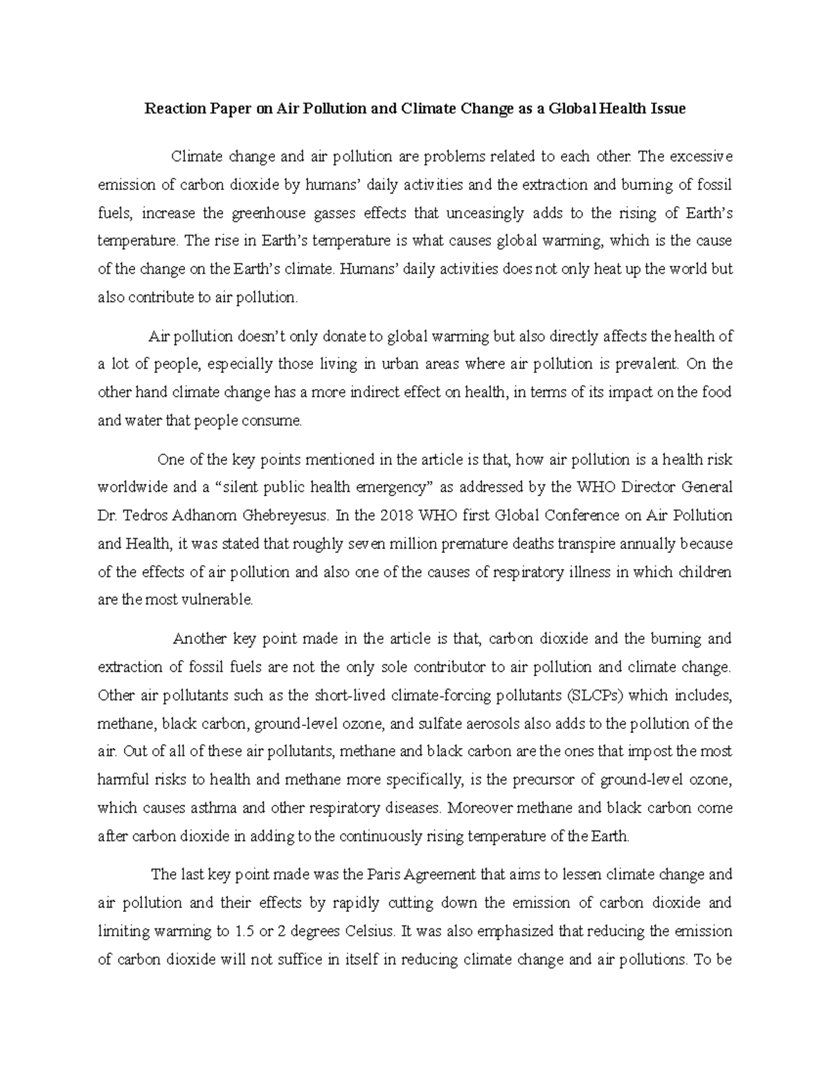 Reaction Paper on Air Pollution and Climate Change as a Global Health ...