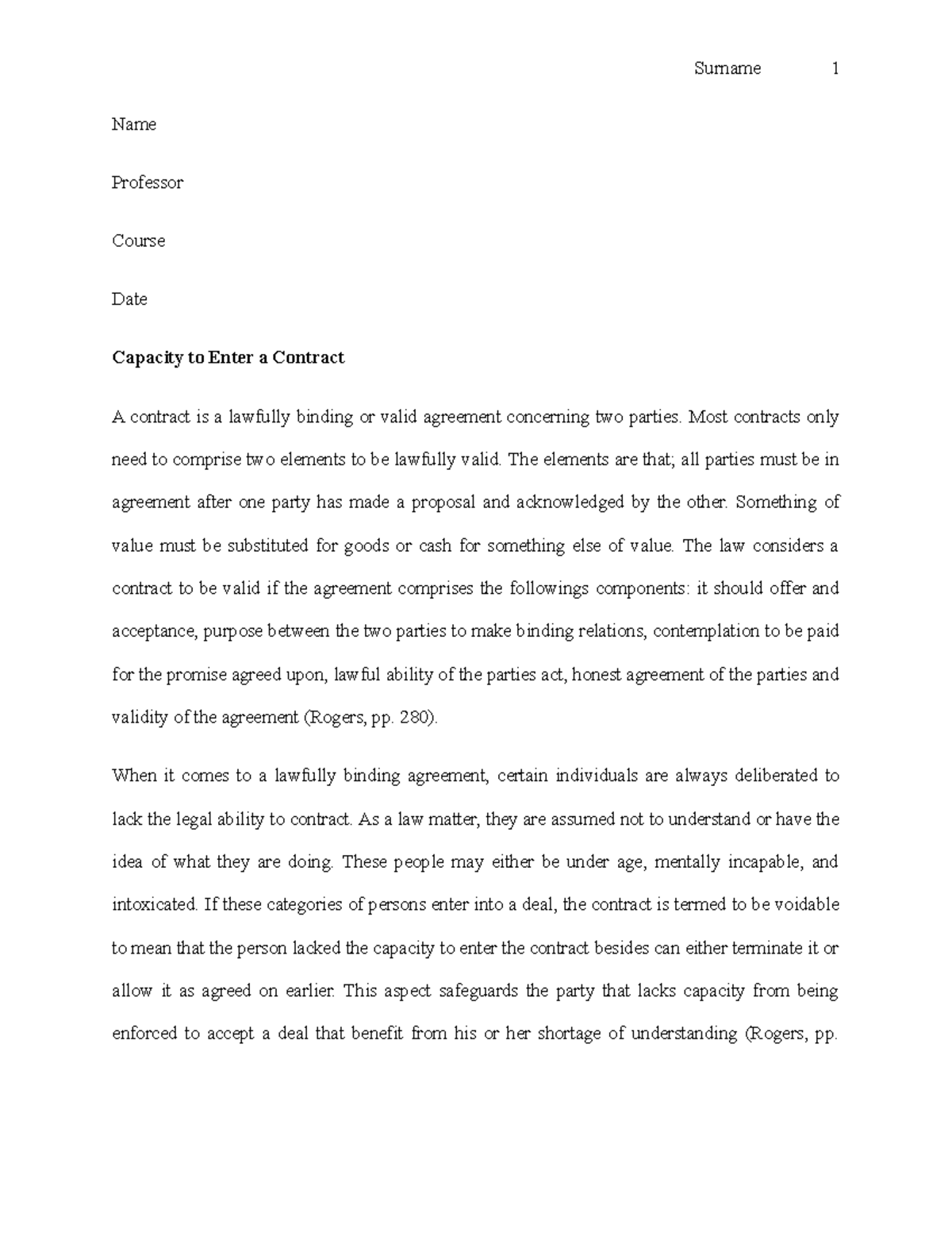 Capacity to Enter a Contract - Name Professor Course Date Capacity to ...