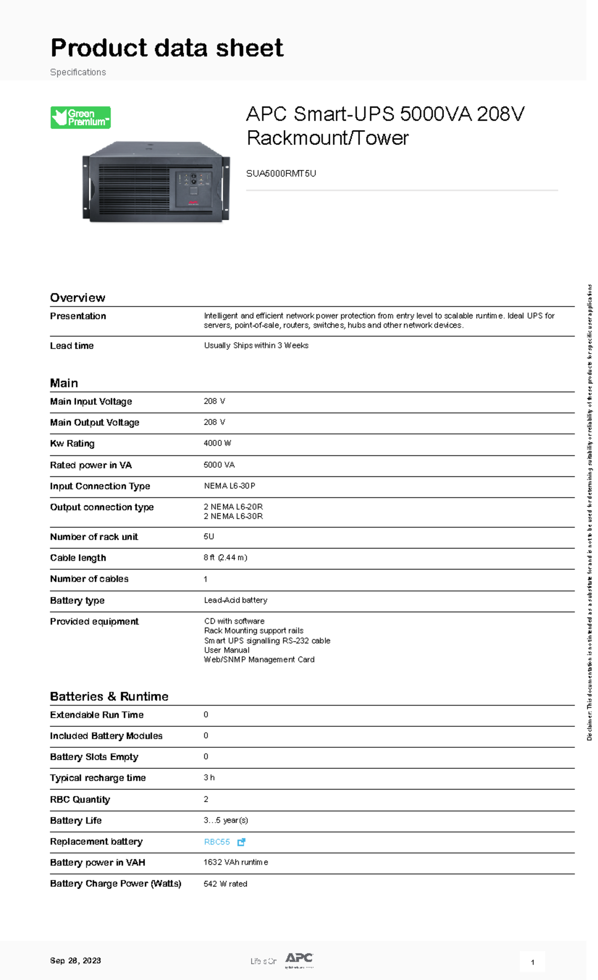 Smart-UPS SUA5000RMT5U - Product data sheet Specifications APC Smart ...