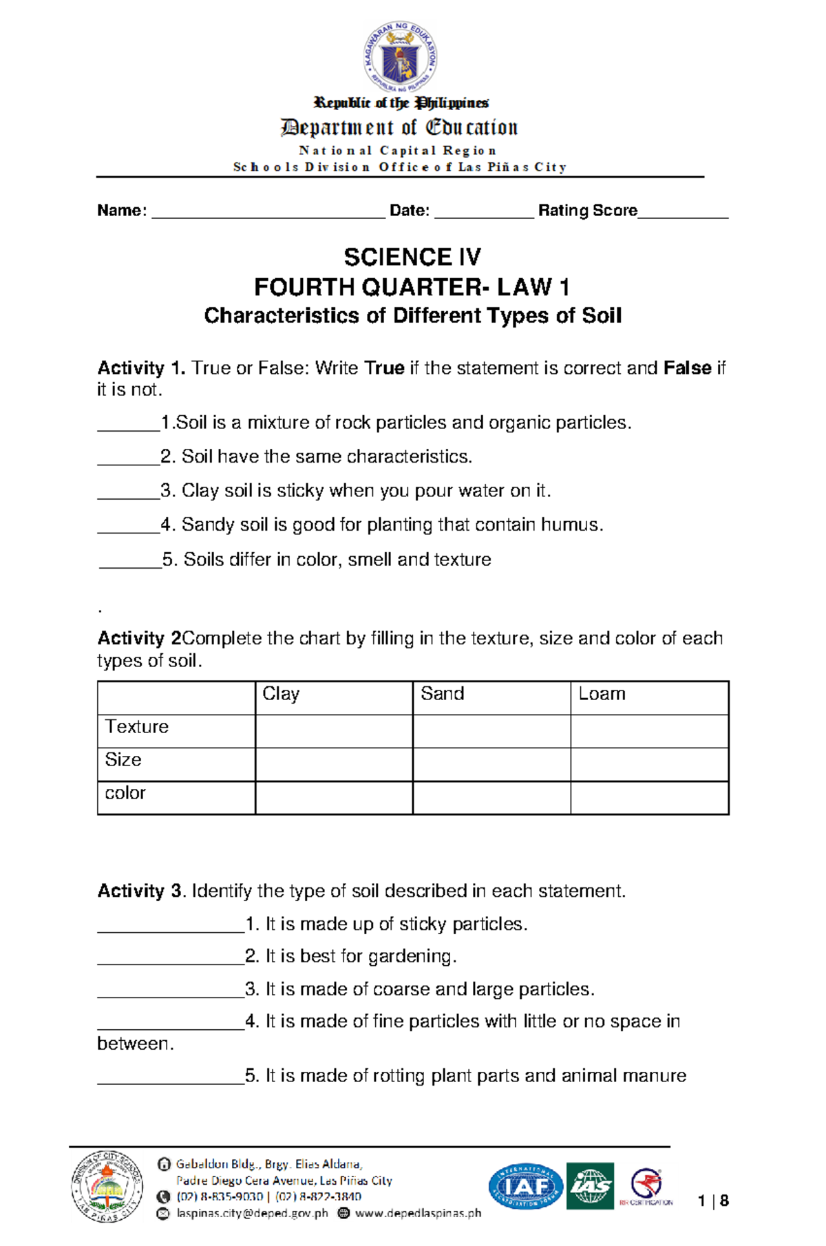 Science 4 Q4 LAW 1 - Name: __________________________ Date: ___________ Rating Score ...