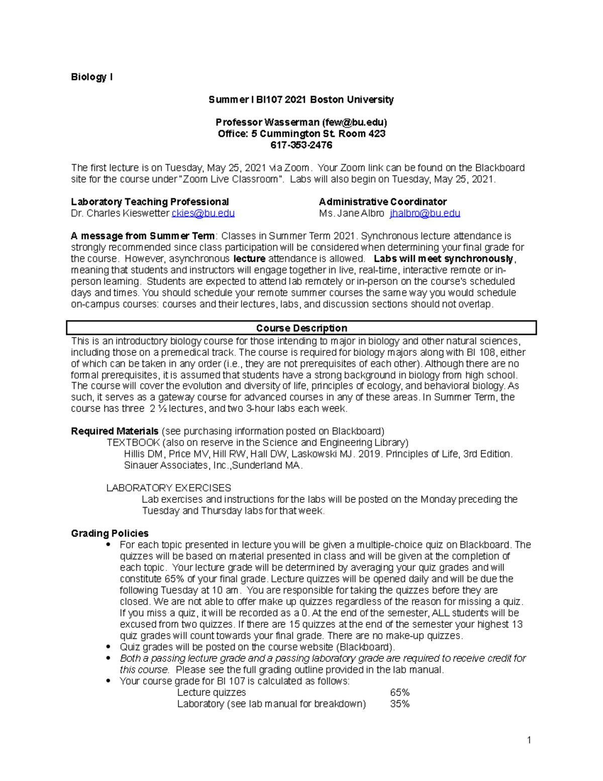 BI107 2021 Syllabus - Summer I(4) - Biology I Summer I BI107 2021 ...