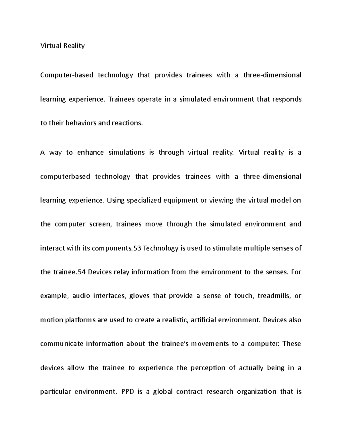 HRM 4- Virtual Reality - Virtual Reality Computer-based technology that ...