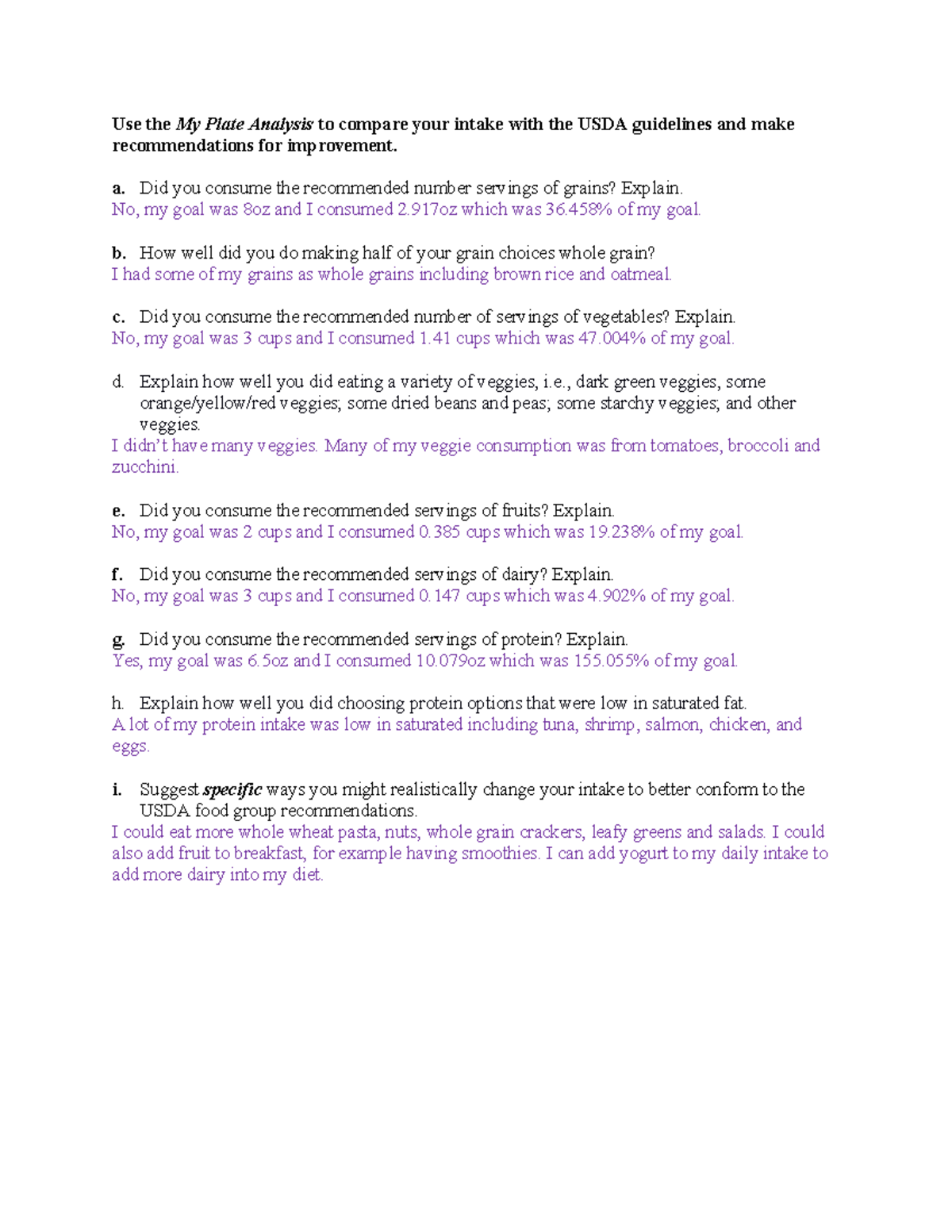 Dietary Analysis My Plate Guidelines - Use the My Plate Analysis to ...