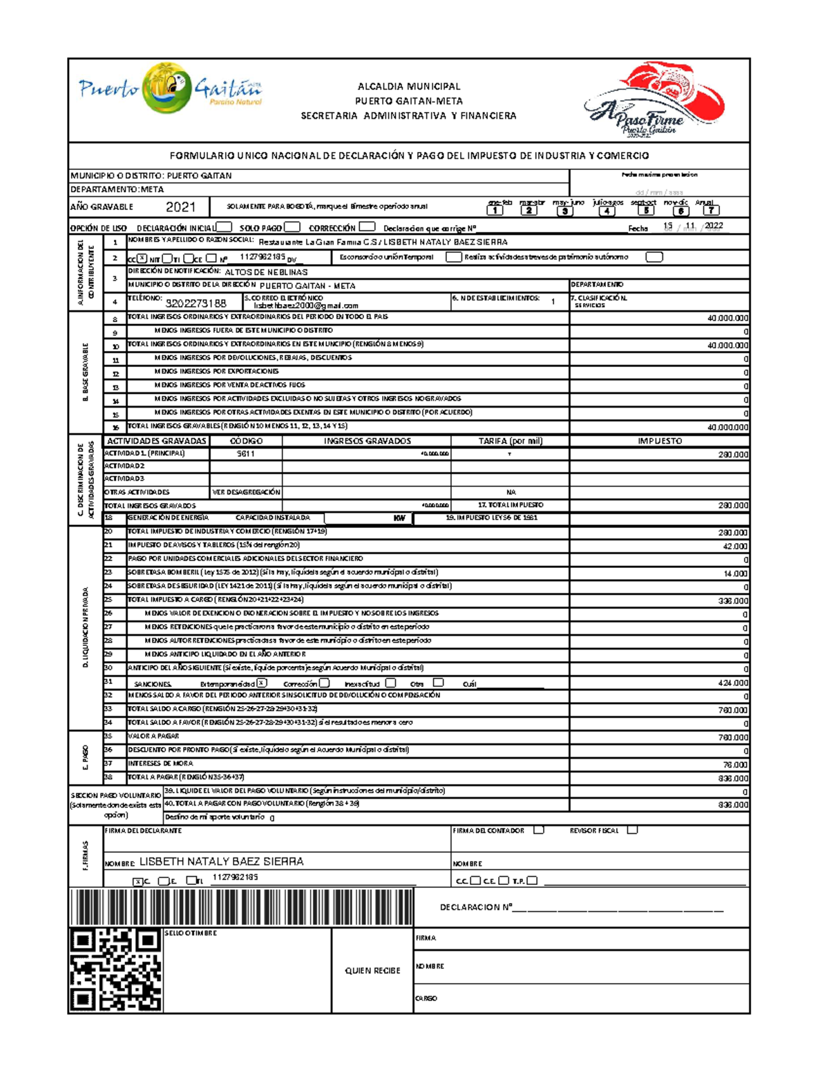 Formulario Final Industria Y Comercio 2021 - 1 2 DEPARTAMENTO 8 9 10 11 12 13 14 15 16 TARIFA ...