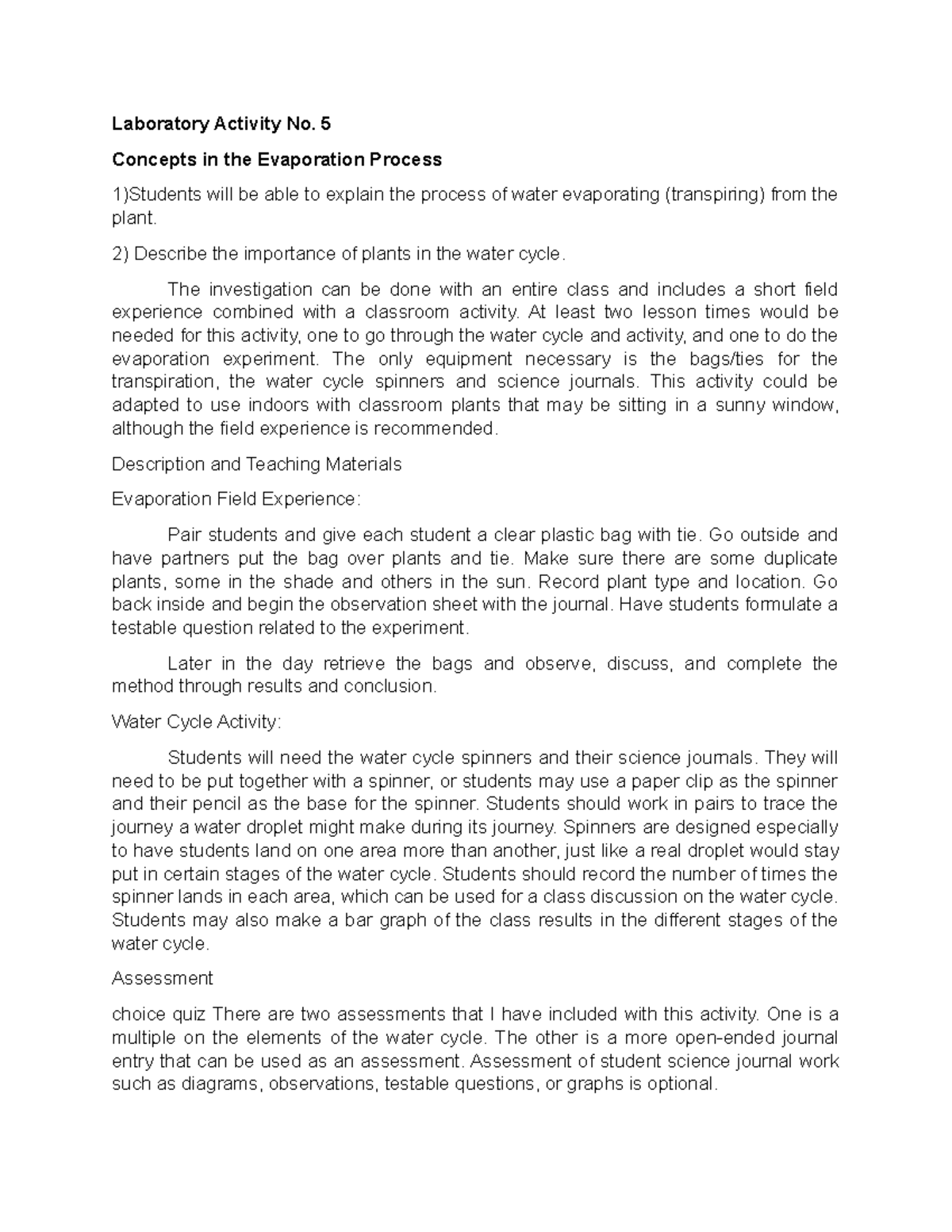 Activity Concepts in the Evaporation Process - Laboratory Activity No ...