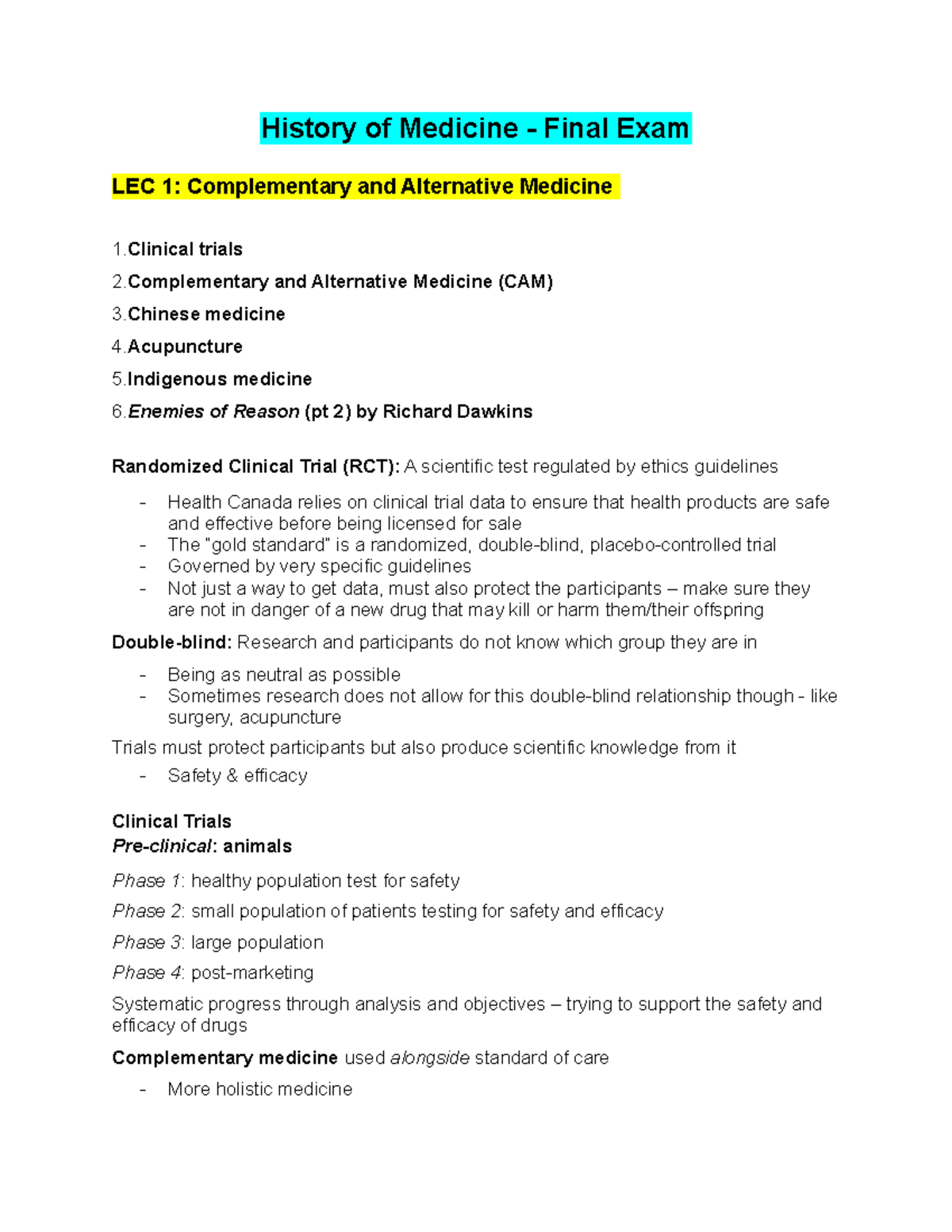 History of Medicine - Final Exam Notes - History of Medicine - Final ...