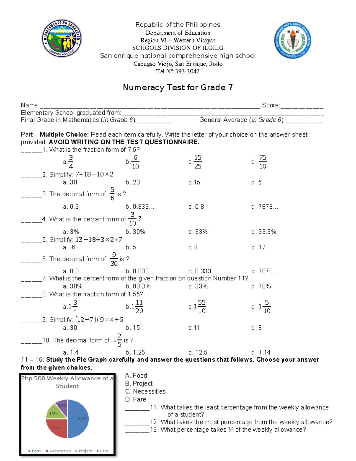 Numeracy Test for Grade 7 - Republic of the Philippines Department of ...