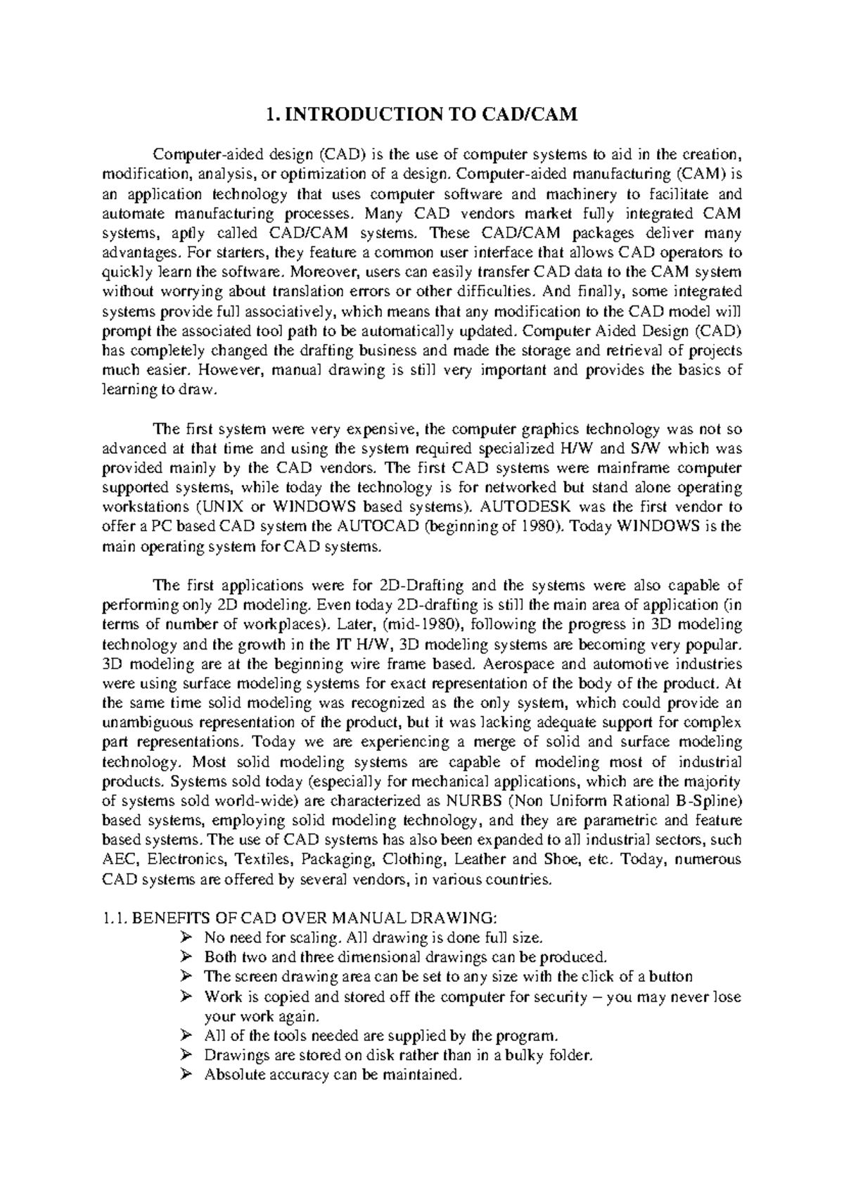 CAM notes - 1. INTRODUCTION TO CAD/CAM Computer-aided design (CAD) is ...