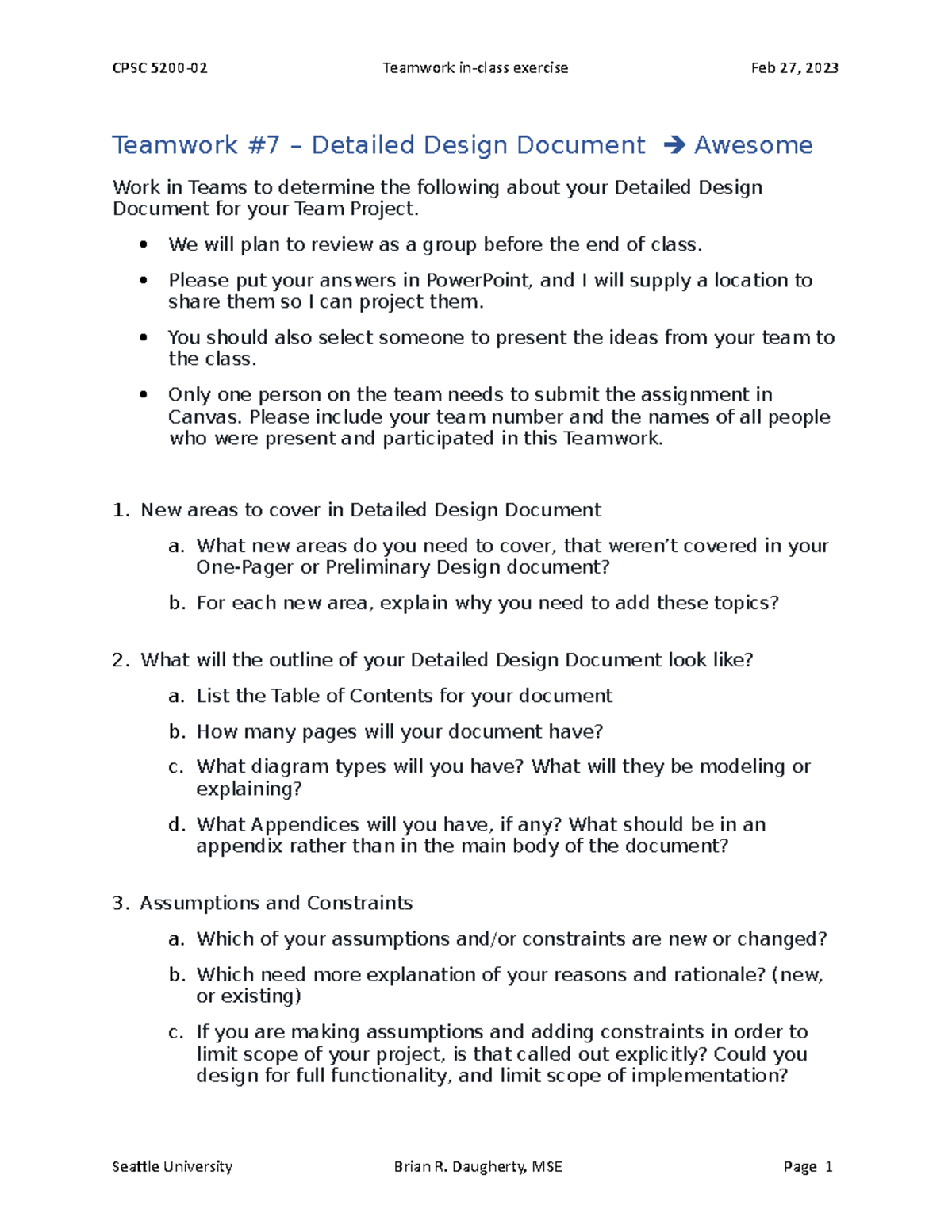 Teamwork #7 - Detailed Design document - CPSC 5200-02 Teamwork in-class ...