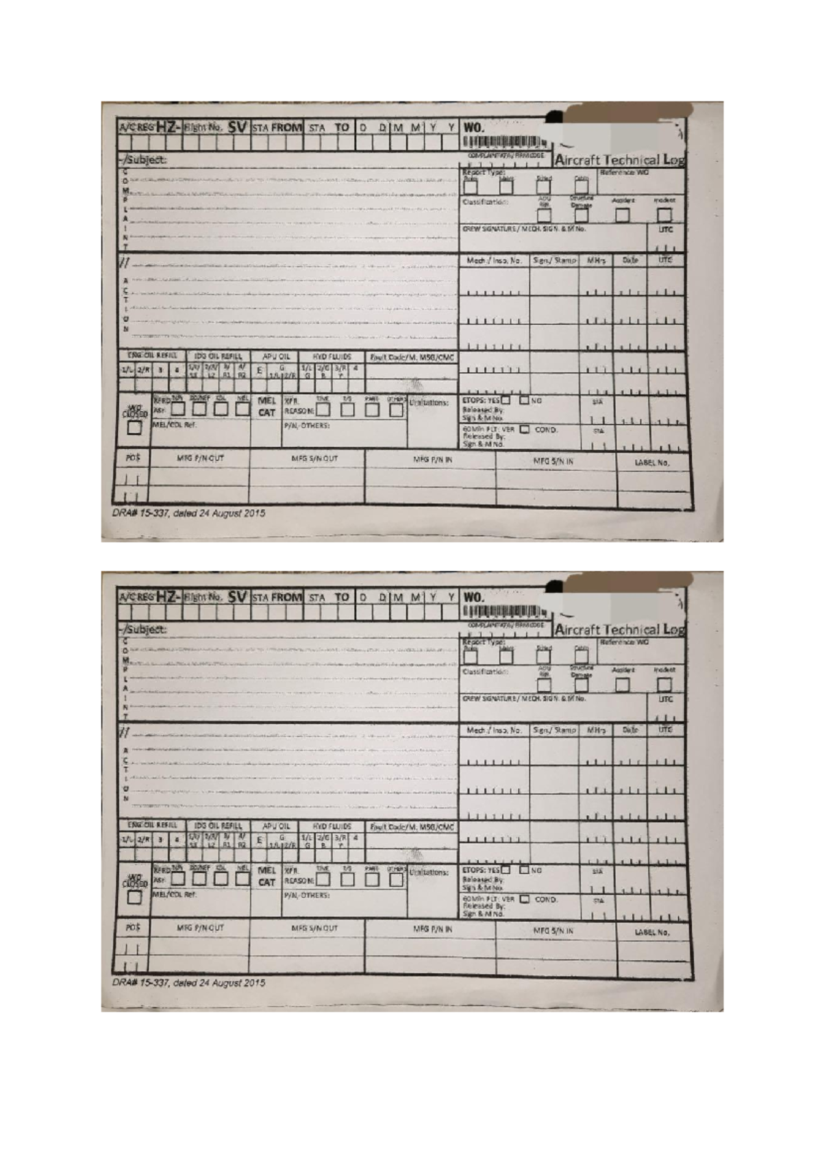 Aircraft log - reference - Flight No. SV STA FROM STA TO D D M M Y Y wo ...