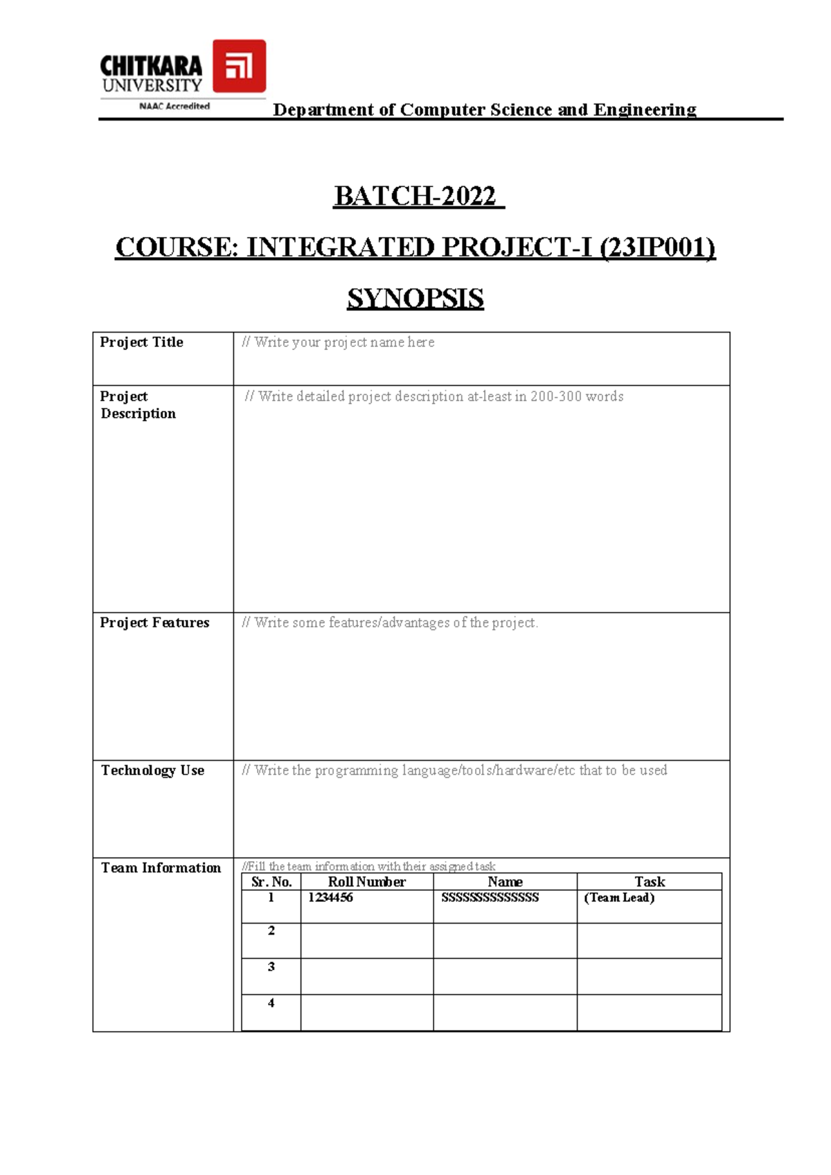 Synopsis Format - Department of Computer Science and Engineering BATCH ...