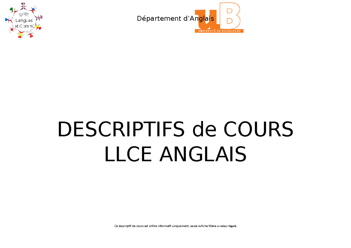 Descrptif des cours LLCE Anglais - DESCRIPTIFS de COURS LLCE ANGLAIS ...