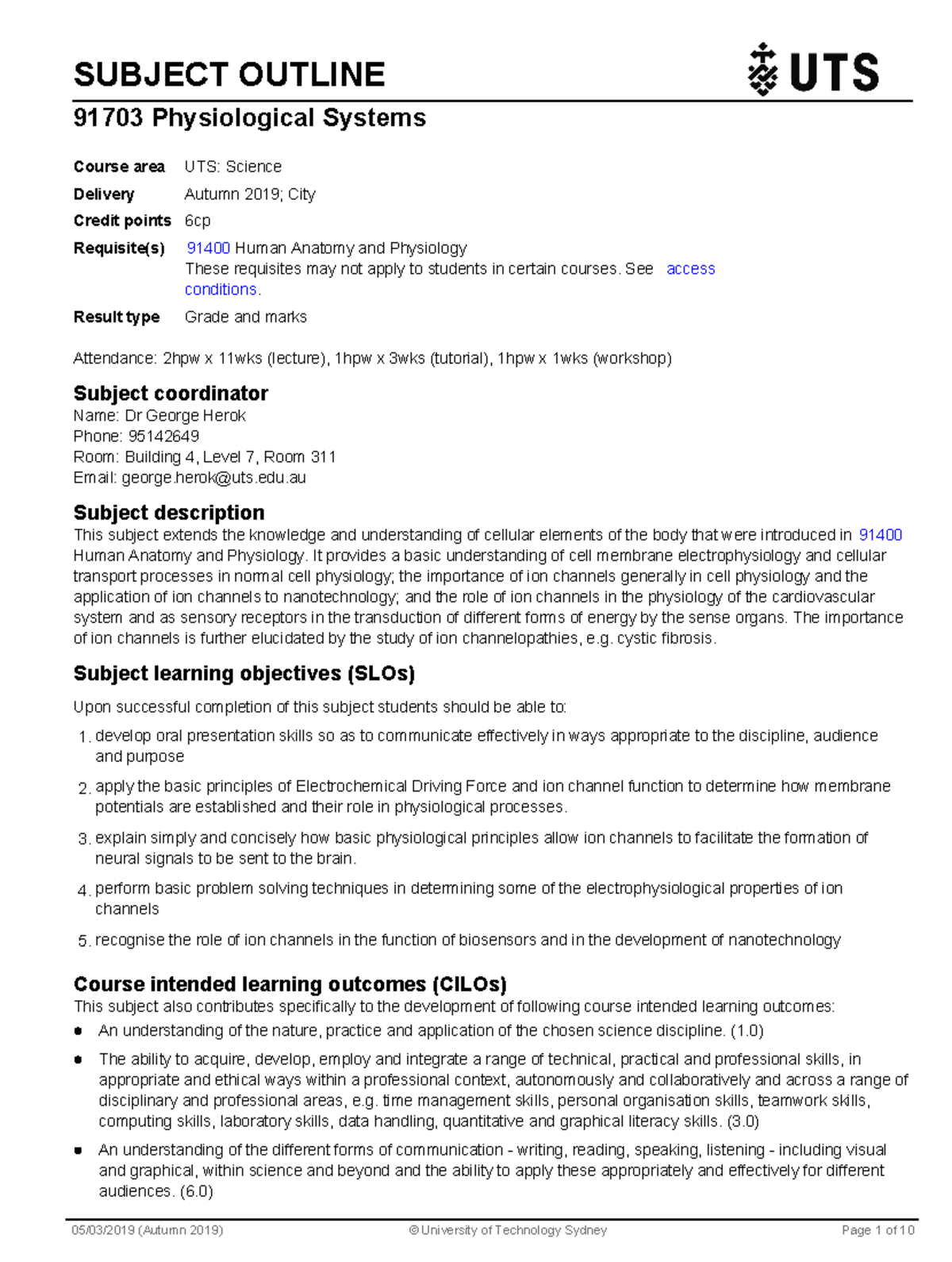 subject outline - SUBJECT OUTLINE 91703 Physiological Systems Course ...
