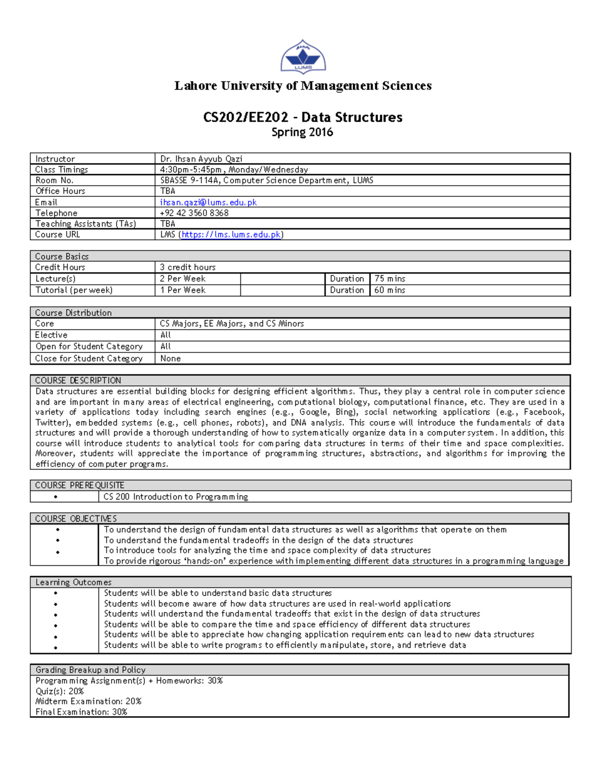 Cs202-outline-2016 Syllabus Naib-Tehsildar - Lahore University of Management Sciences CS202 ...