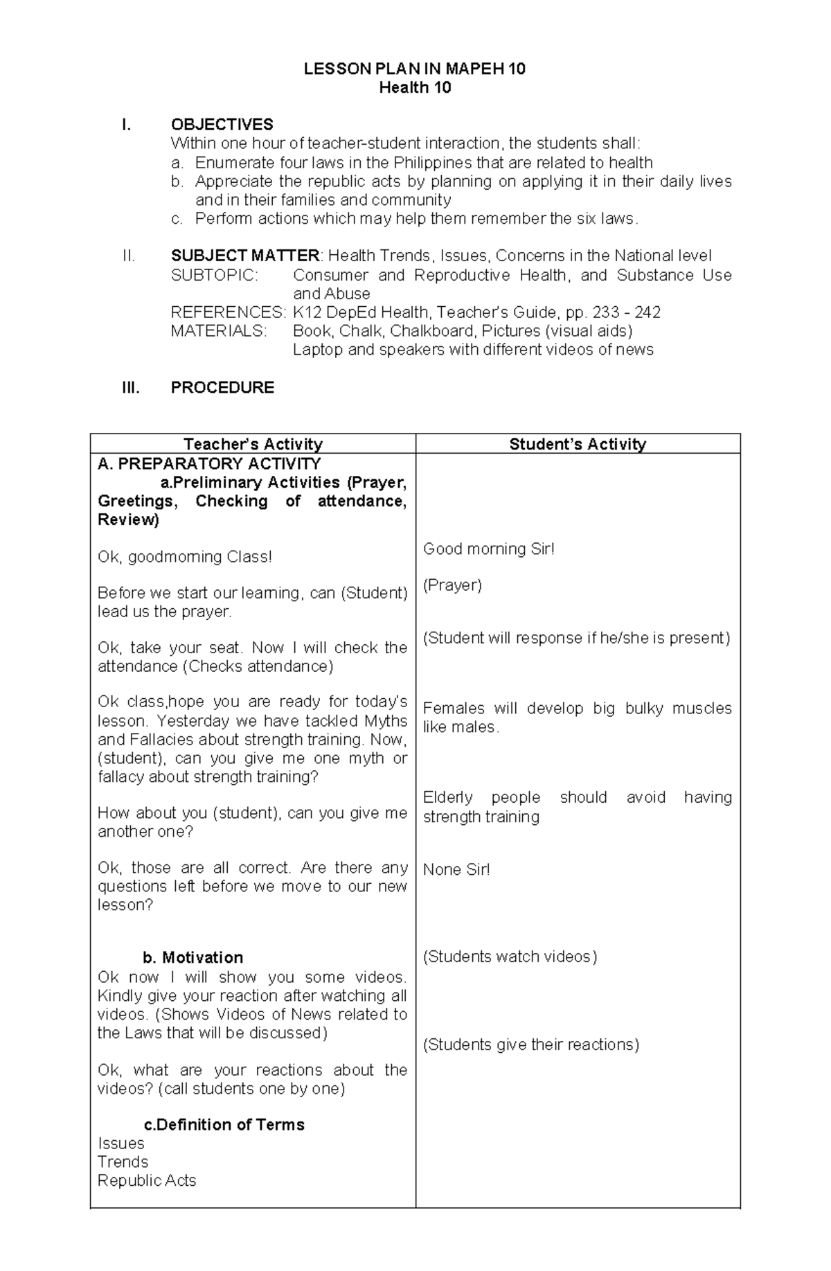 Detailed Lesson PLAN health - LESSON PLAN IN MAPEH 10 Health 10 I ...