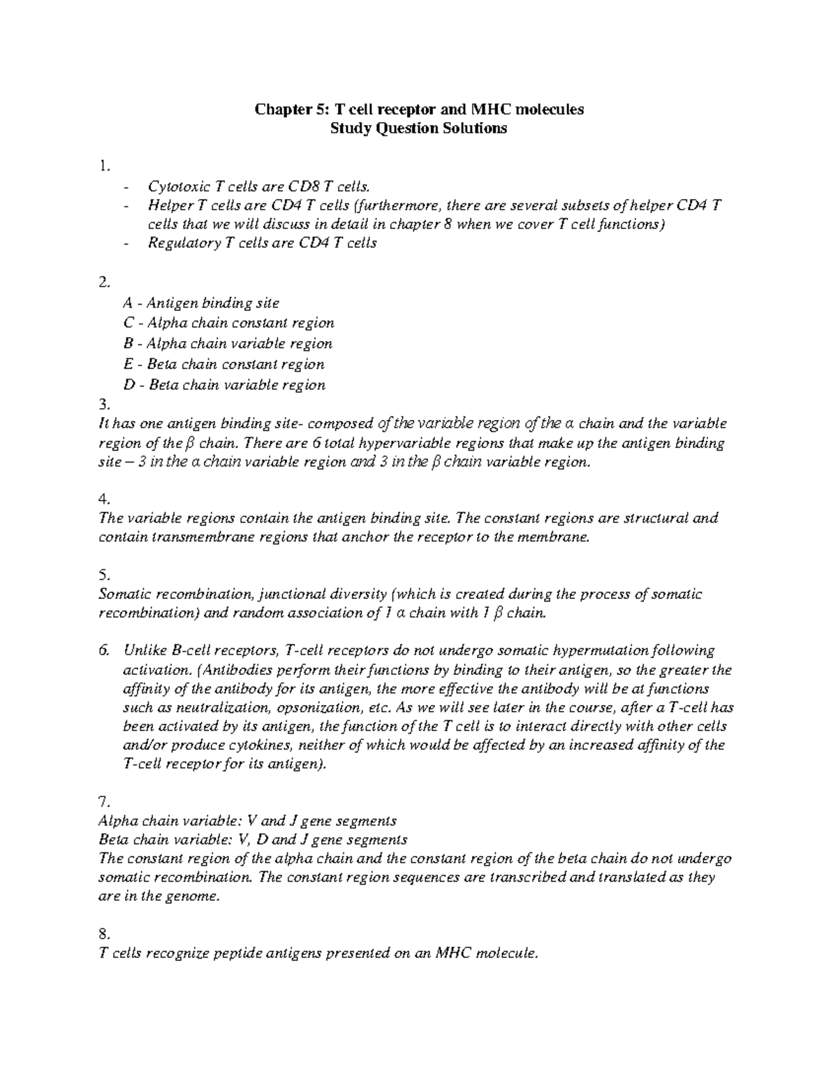 Chapter 5- Study Question Solutions - Chapter 5: T cell receptor and ...