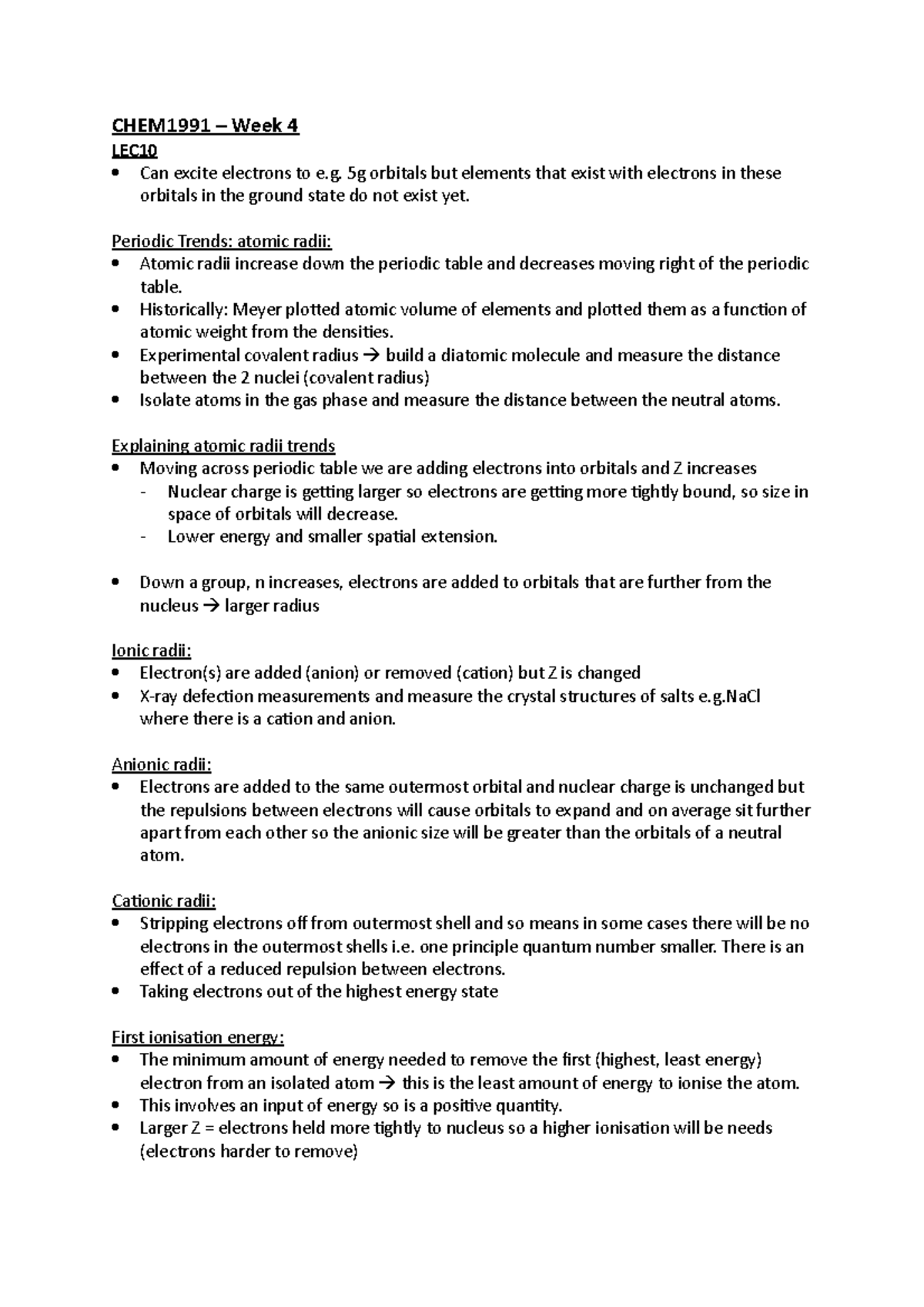 CHEM1991-Week4 - week 4 notes - CHEM1991 – Week 4 LEC Can excite ...