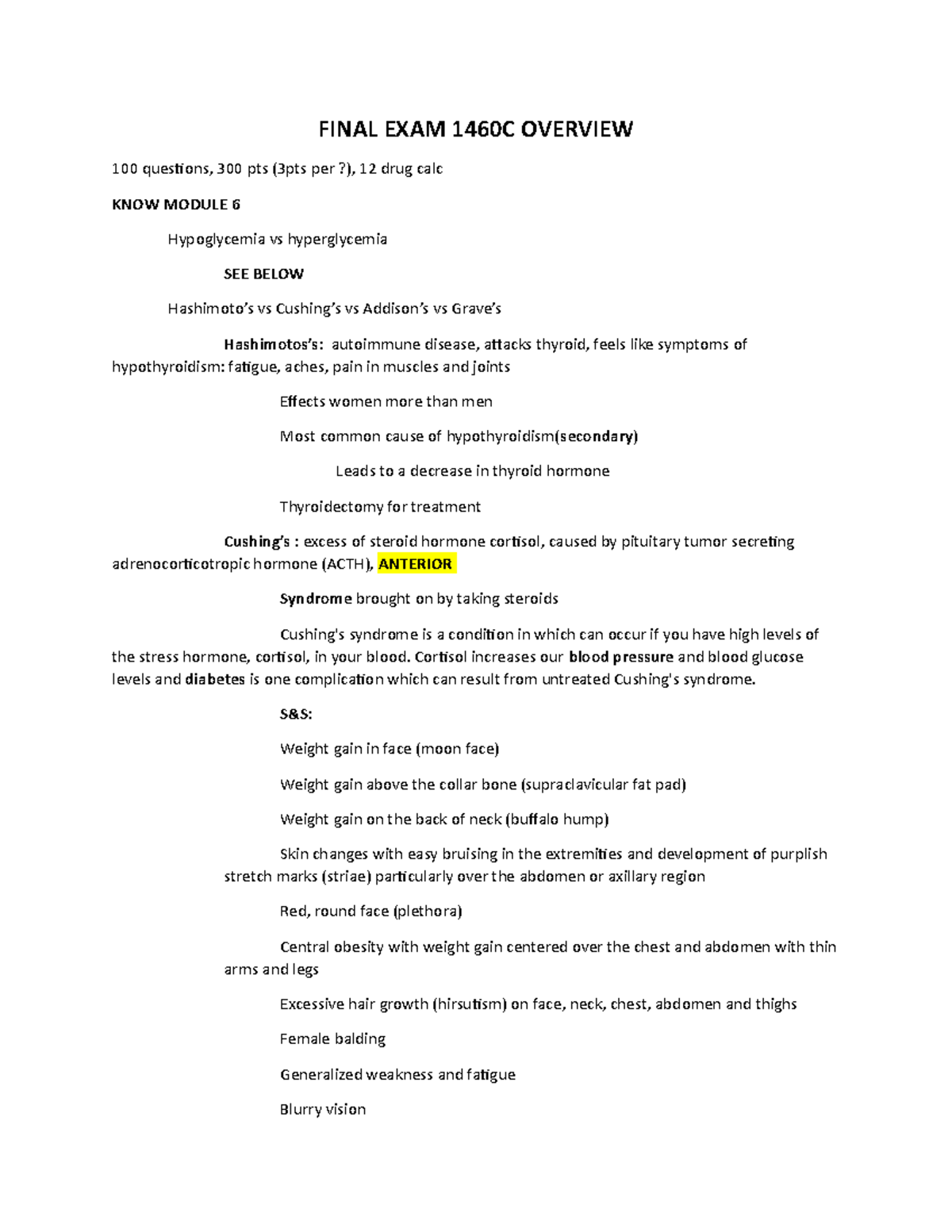 1460C Final EXAM Overview - FINAL EXAM 1460C OVERVIEW 100 questions, 300 pts (3pts per ?), 12 ...