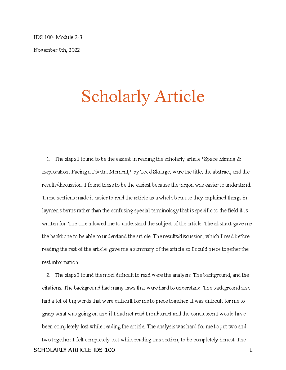 IDS 100 Scholarly Article Module 2-1 LIB ARTS Grade A+ - IDS 100 ...