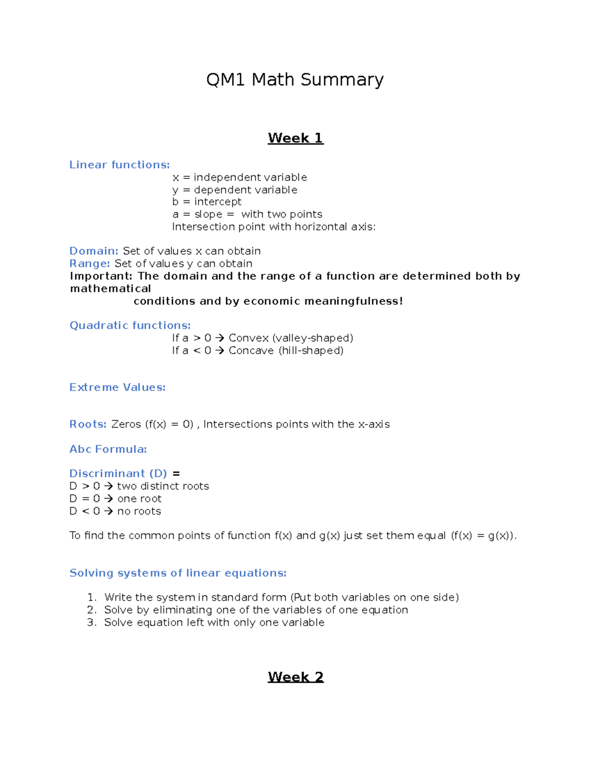 QM1 Math Summary - QM1 Math Summary Week 1 Linear functions: x ...