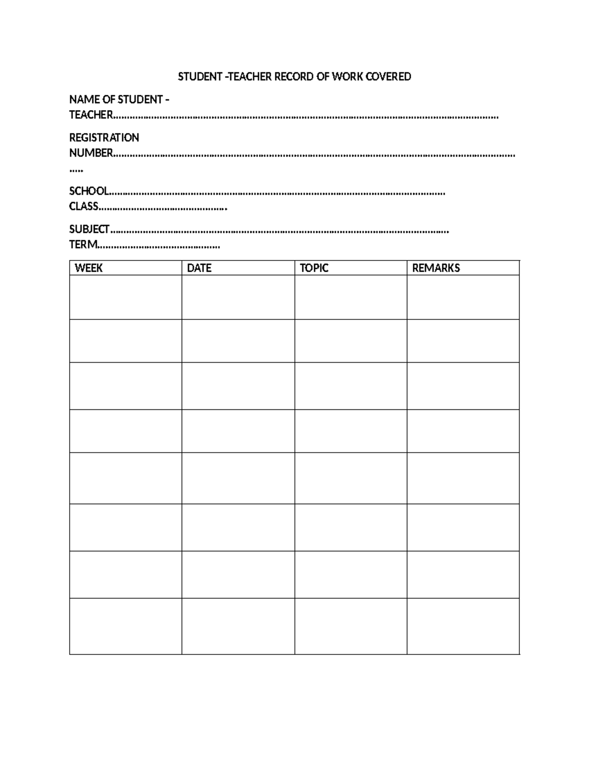 Student teacher record of work covered - STUDENT -TEACHER RECORD OF ...