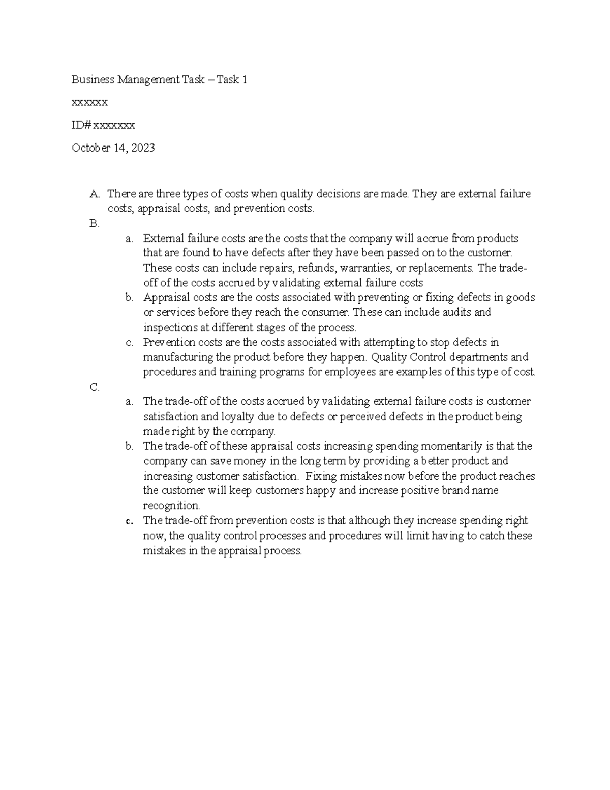 QHT1 Task 1 - Task 1 - Business Management Task – Task 1 xxxxxx ID ...