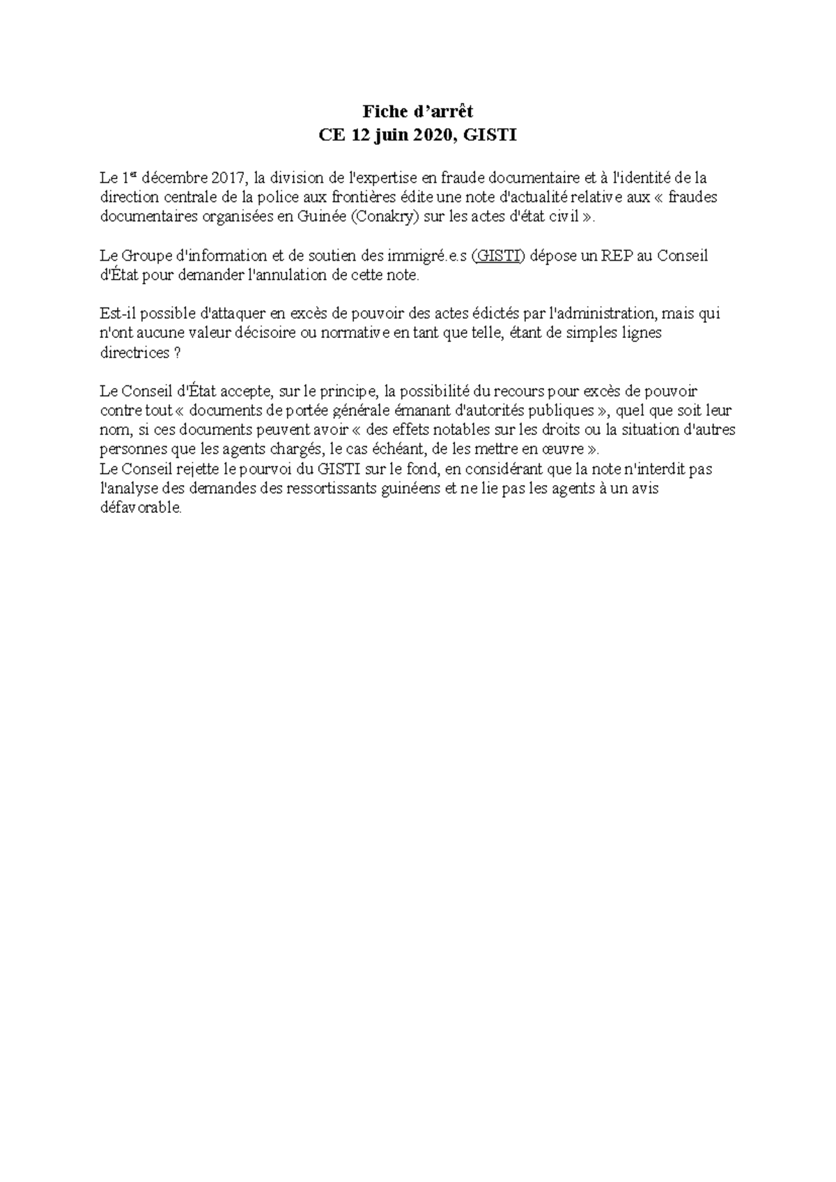 Fiche gisti - Fiche d’arrêt CE 12 juin 2020, GISTI Le 1er décembre 2017 ...