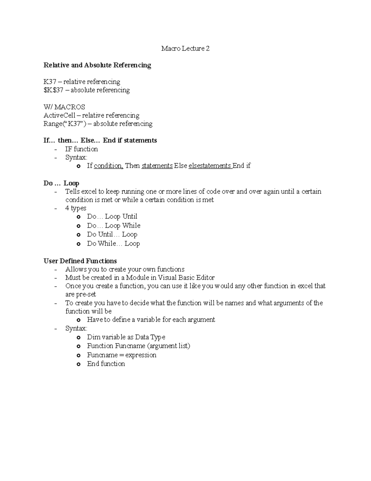 Macro Lecture 2 Then Else End If Statements If Function Syntax O If Condition