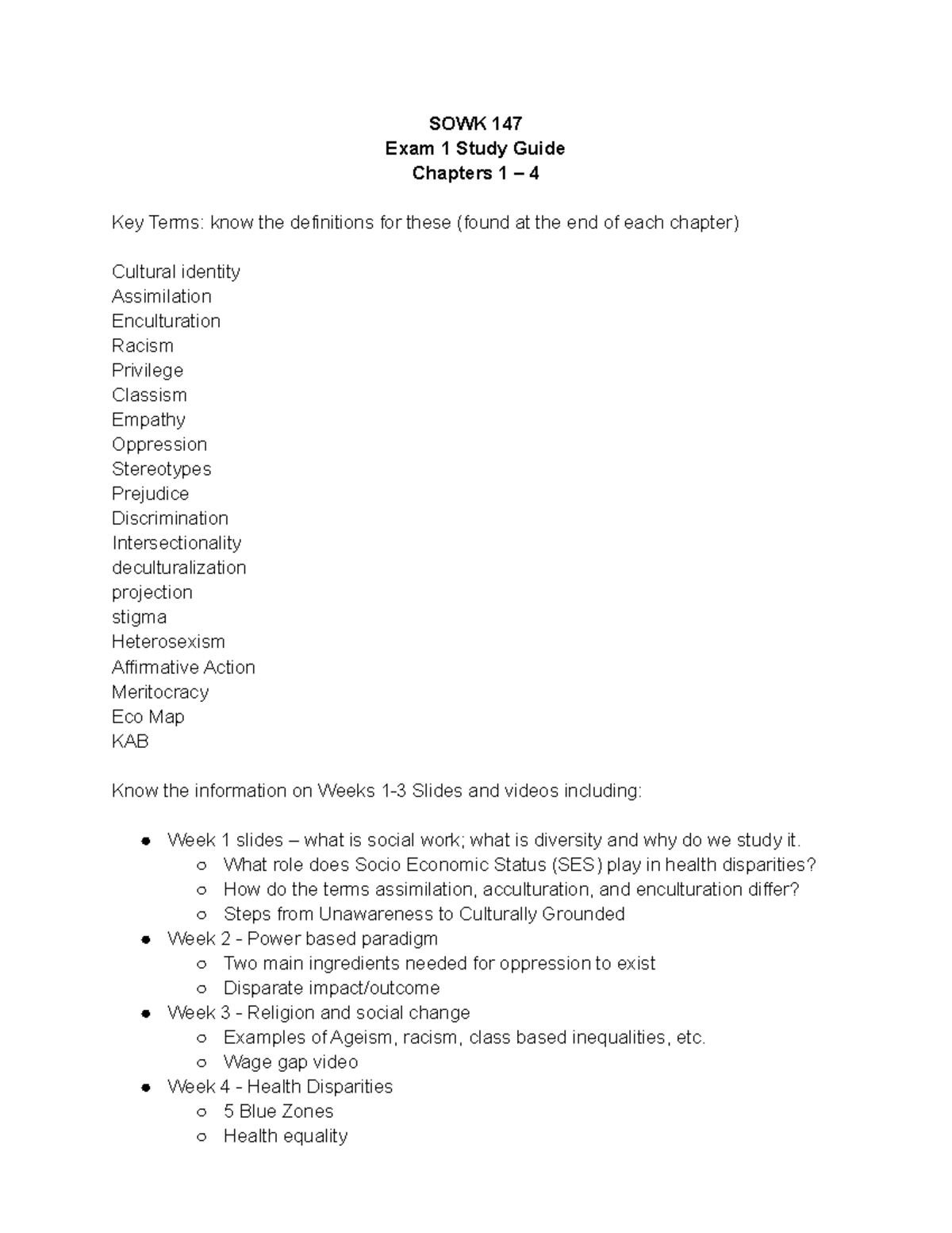 Exam 1 Study Guide - SOWK 147 Exam 1 Study Guide Chapters 1 – 4 Key ...