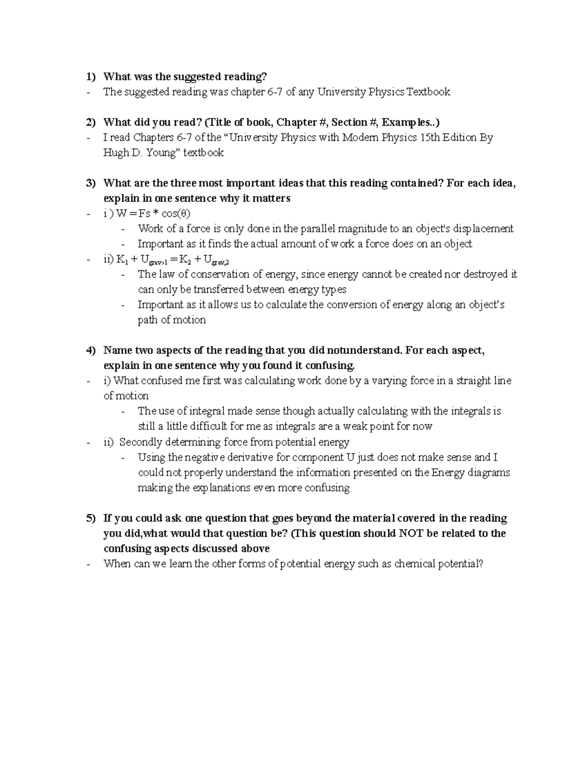 Example of reading assignment (work and energy) - 1) What was the ...