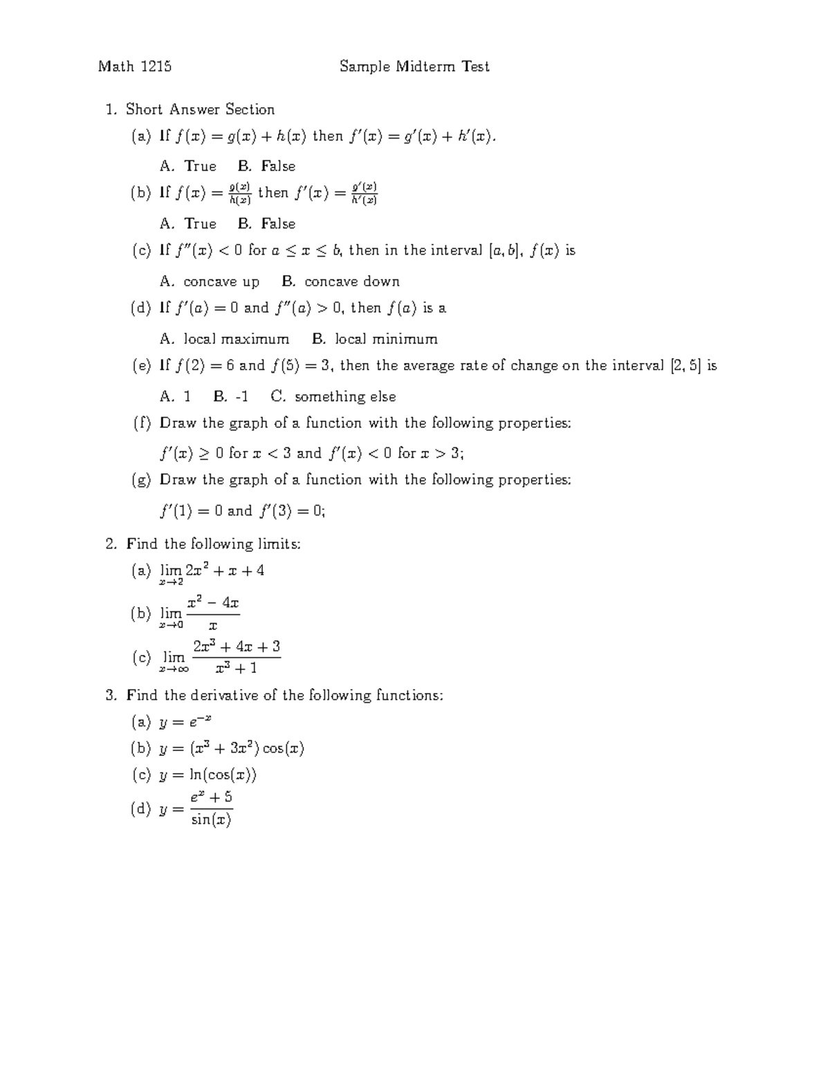 Midterm 2019, questions - Math 1215 Sample Midterm Test Short Answer ...