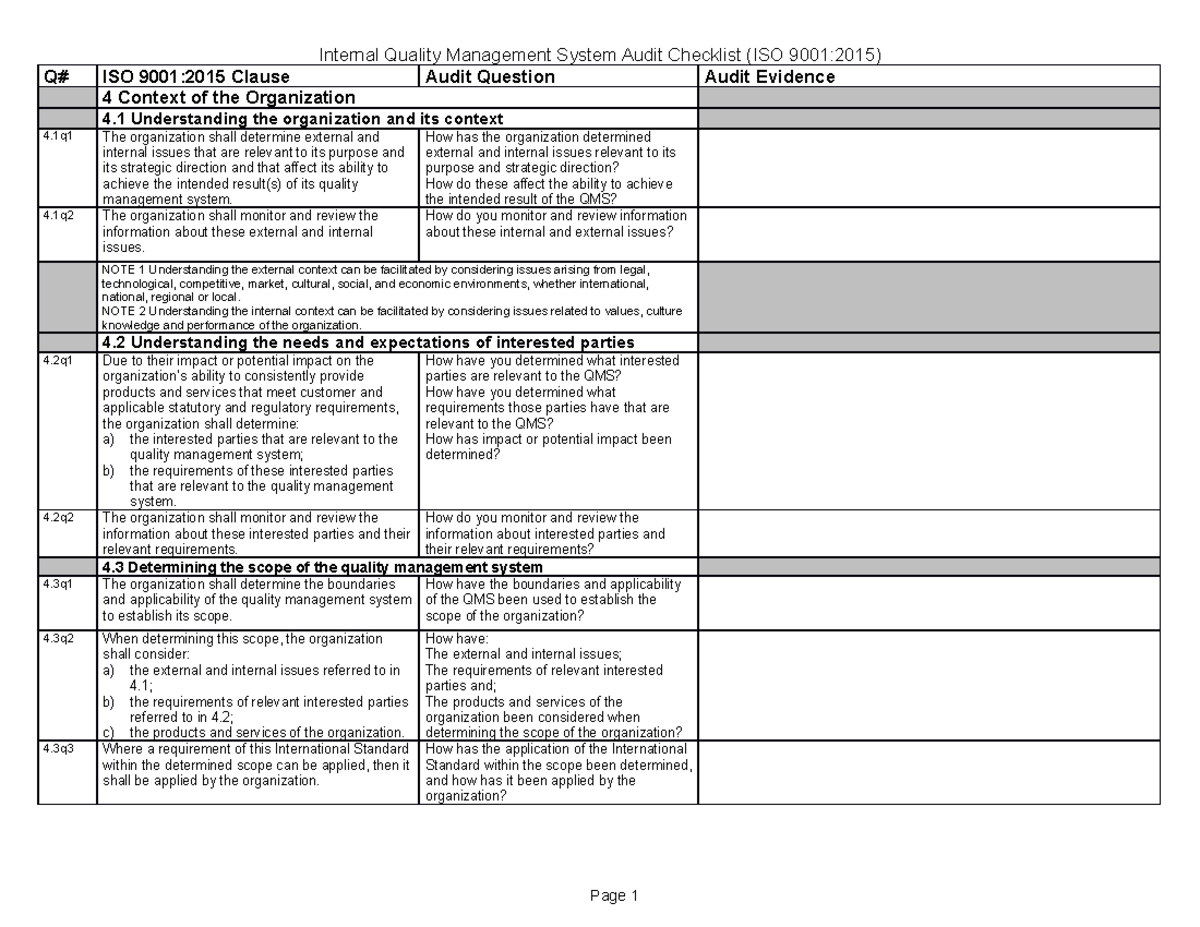 Internal Audit Checklist ISO 9001-2015 - Internal Quality Management ...
