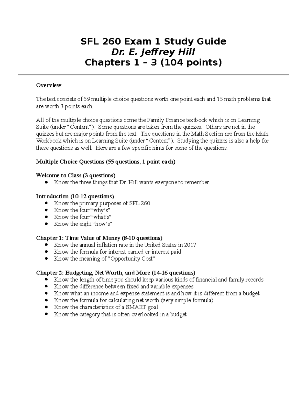 SFL 260 Exam 1 Study Guide - SFL 260 Exam 1 Study Guide Dr. E. Jeffrey ...