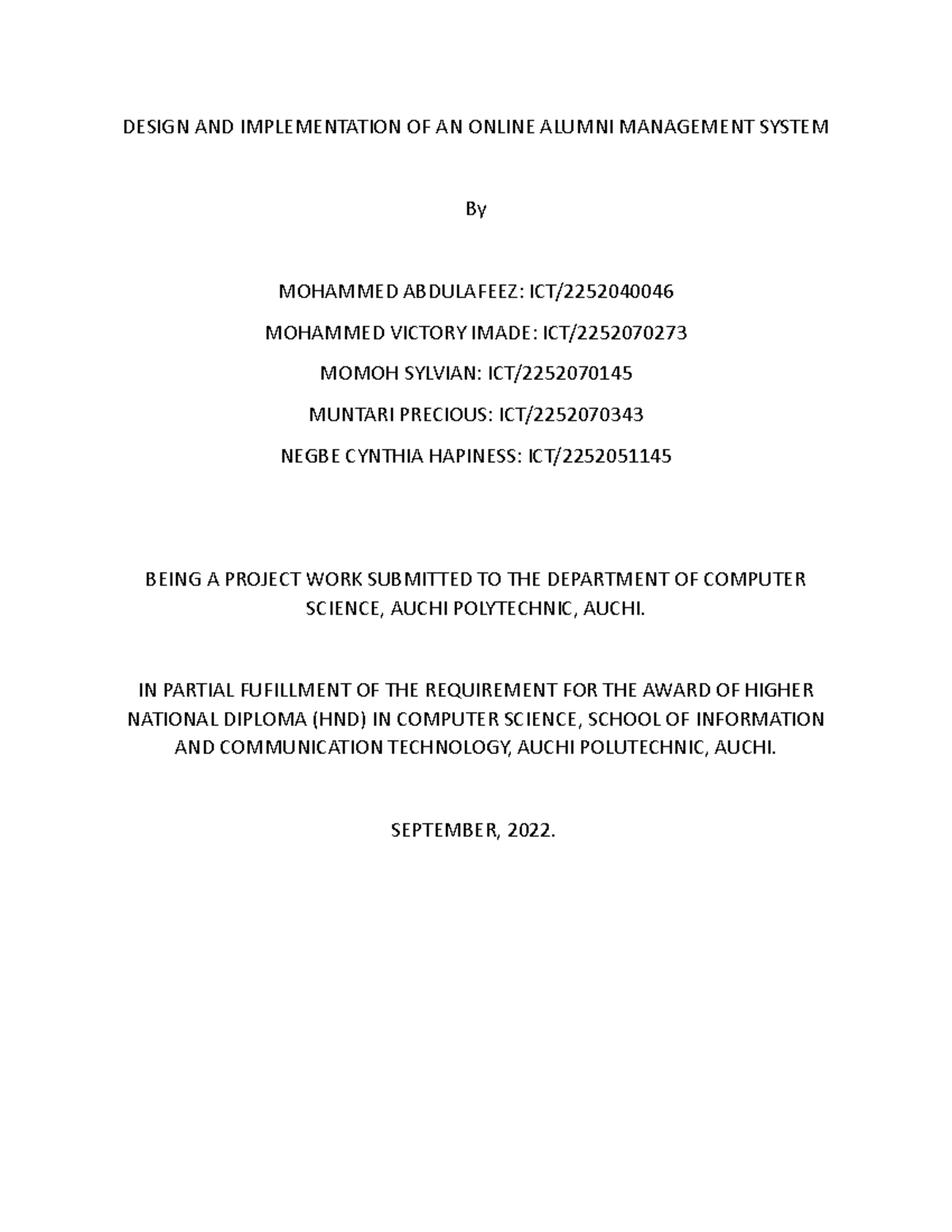 Gwa - Description 9 - DESIGN AND IMPLEMENTATION OF AN ONLINE ALUMNI ...