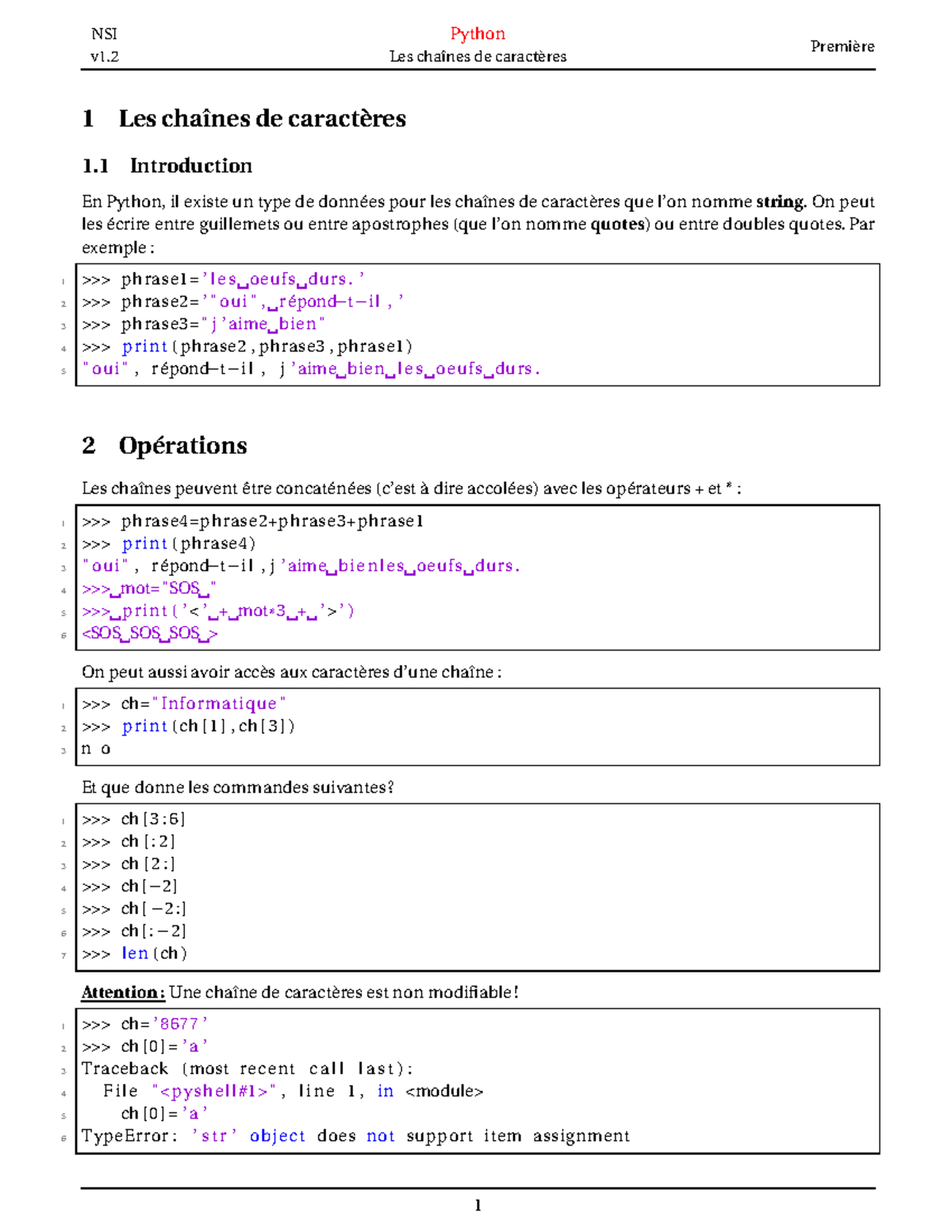 Cours types str - desc - NSI v1. Python Les chaînes de caractères ...