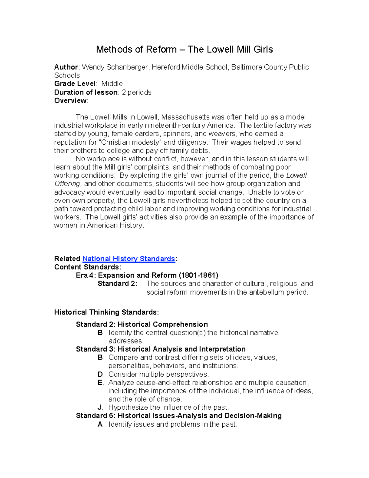 Methods of Reform The Lowell Mill Girls(Printer Friendly) - Methods of ...