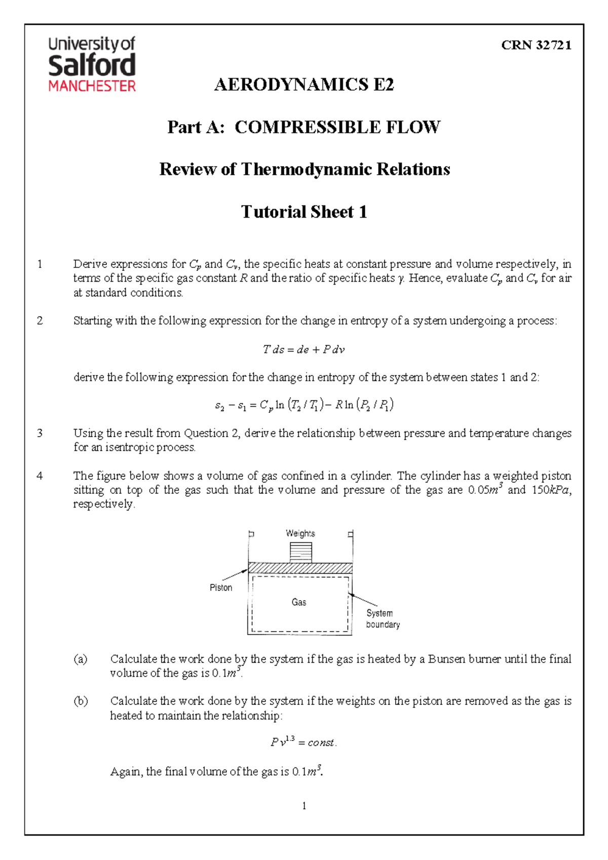 Tutorial Sheet 1 - CRN 32721 AERODYNAMICS E2 Part A: COMPRESSIBLE FLOW ...