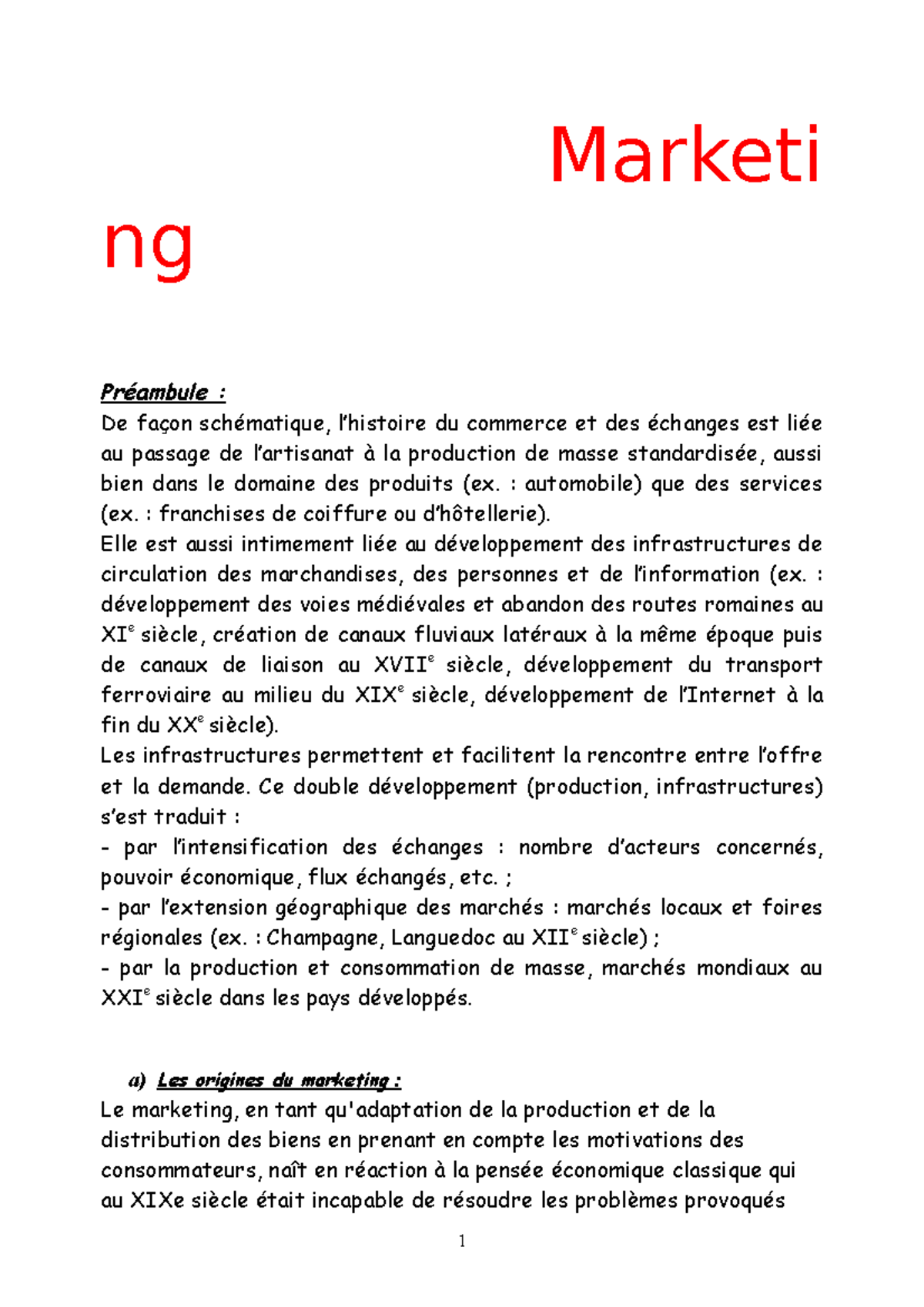 Resume 1 marketing - Marketi ng Préambule : De façon schématique, l ...