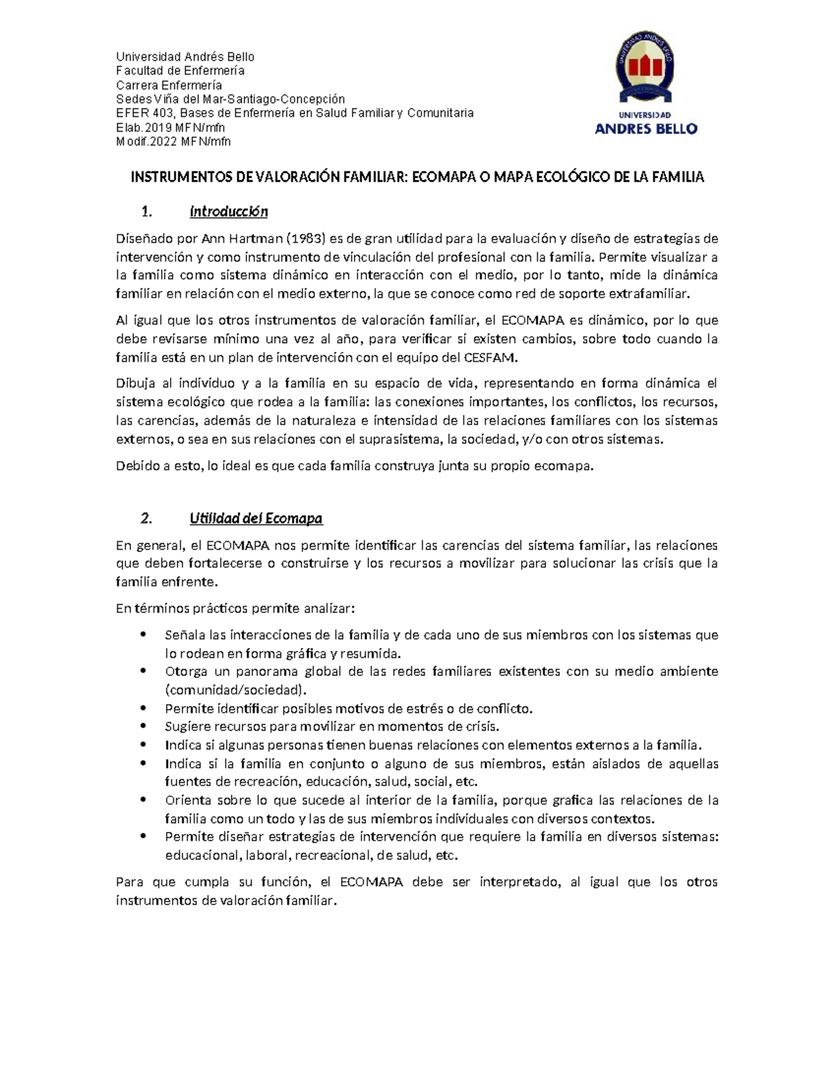 Guia Instrumentos de Valoración Familiar Ecomapa - Universidad Andrés Bello Facultad de ...