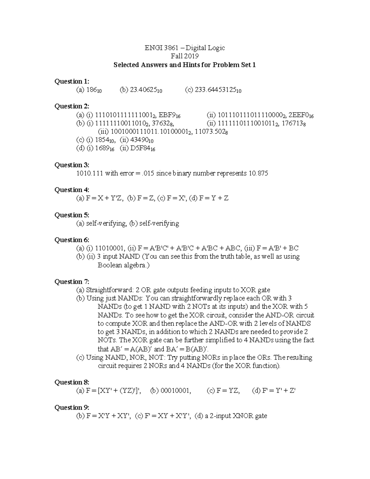 Problem Set 1 Answers 2019 - ENGI 3861 – Digital Logic Fall 2019 Selected Answers and Hints for ...