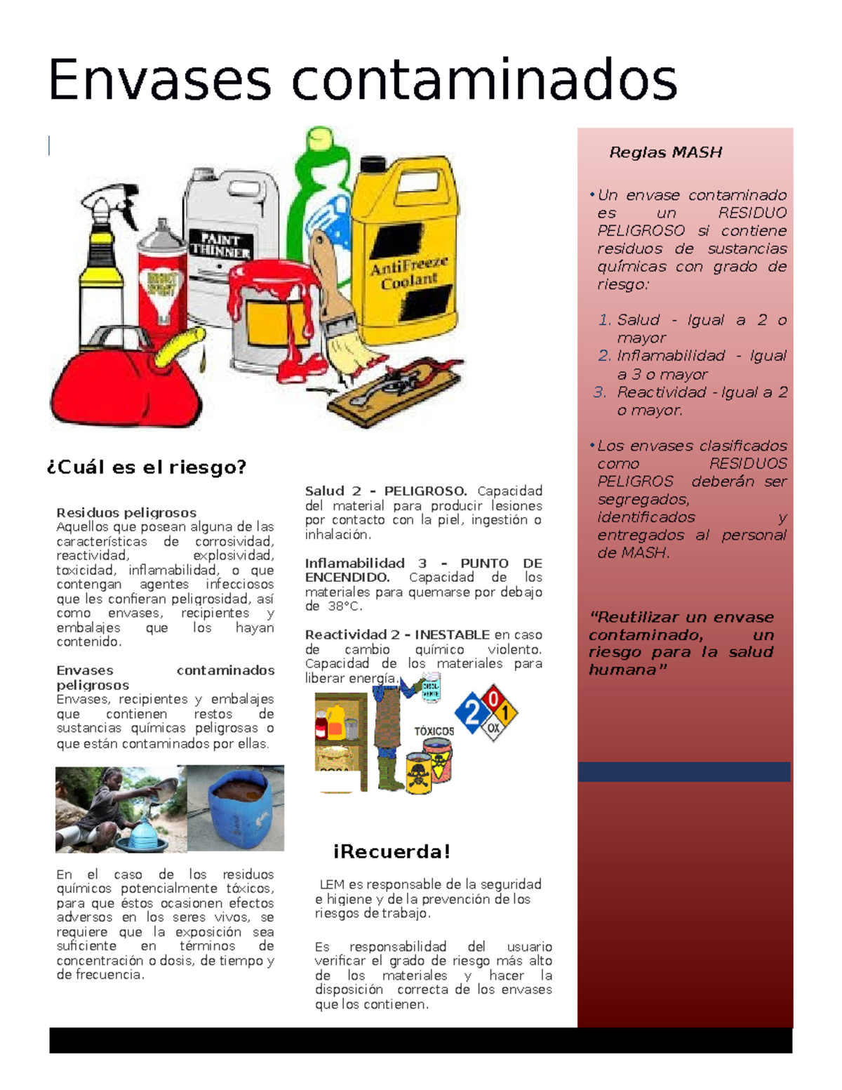 Contaminated containers - Envases contaminados Reglas MASH • Un envase ...
