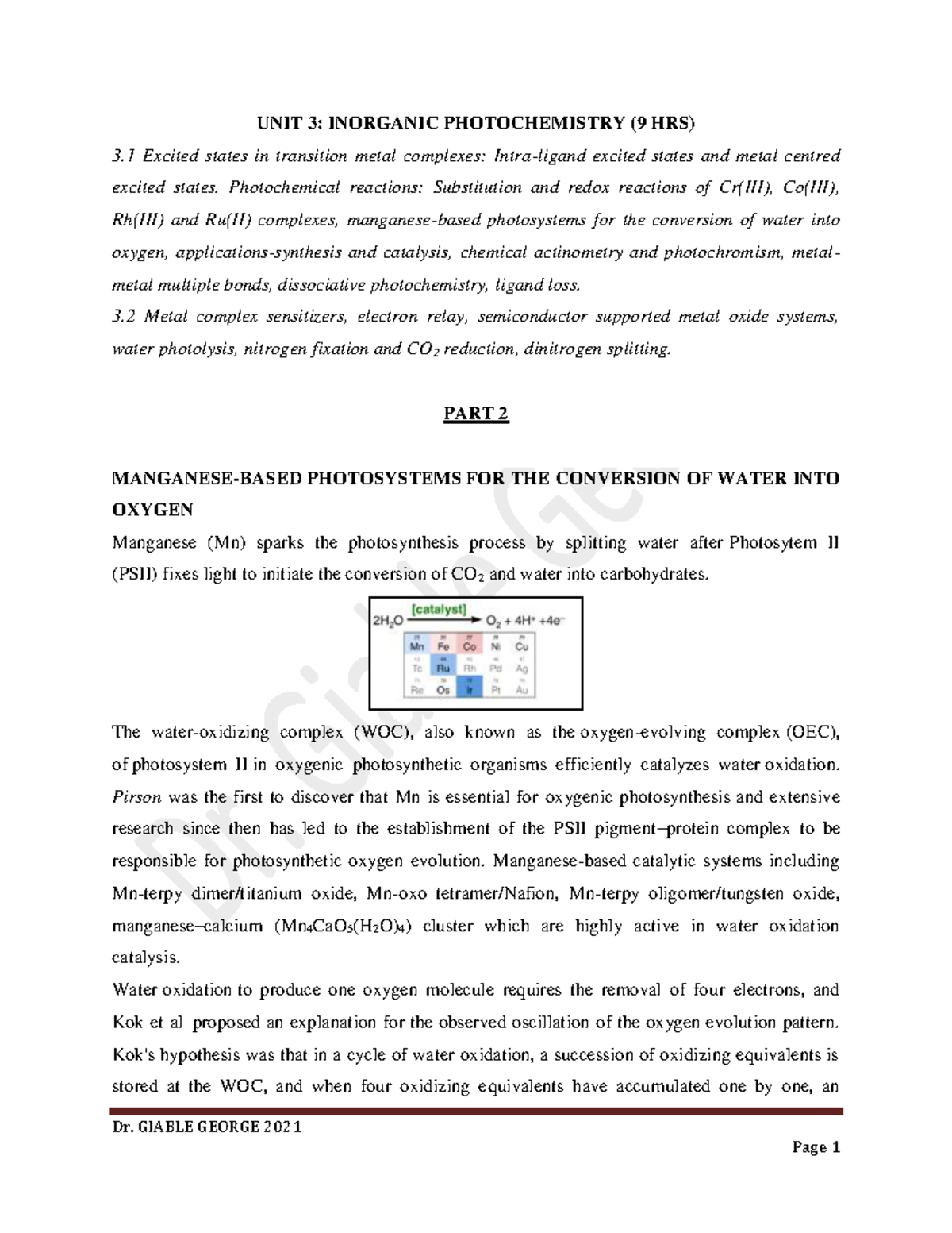 Inorganic photochemistry part 2 - Dr. GIABLE GEORGE 2021 UNIT 3 ...